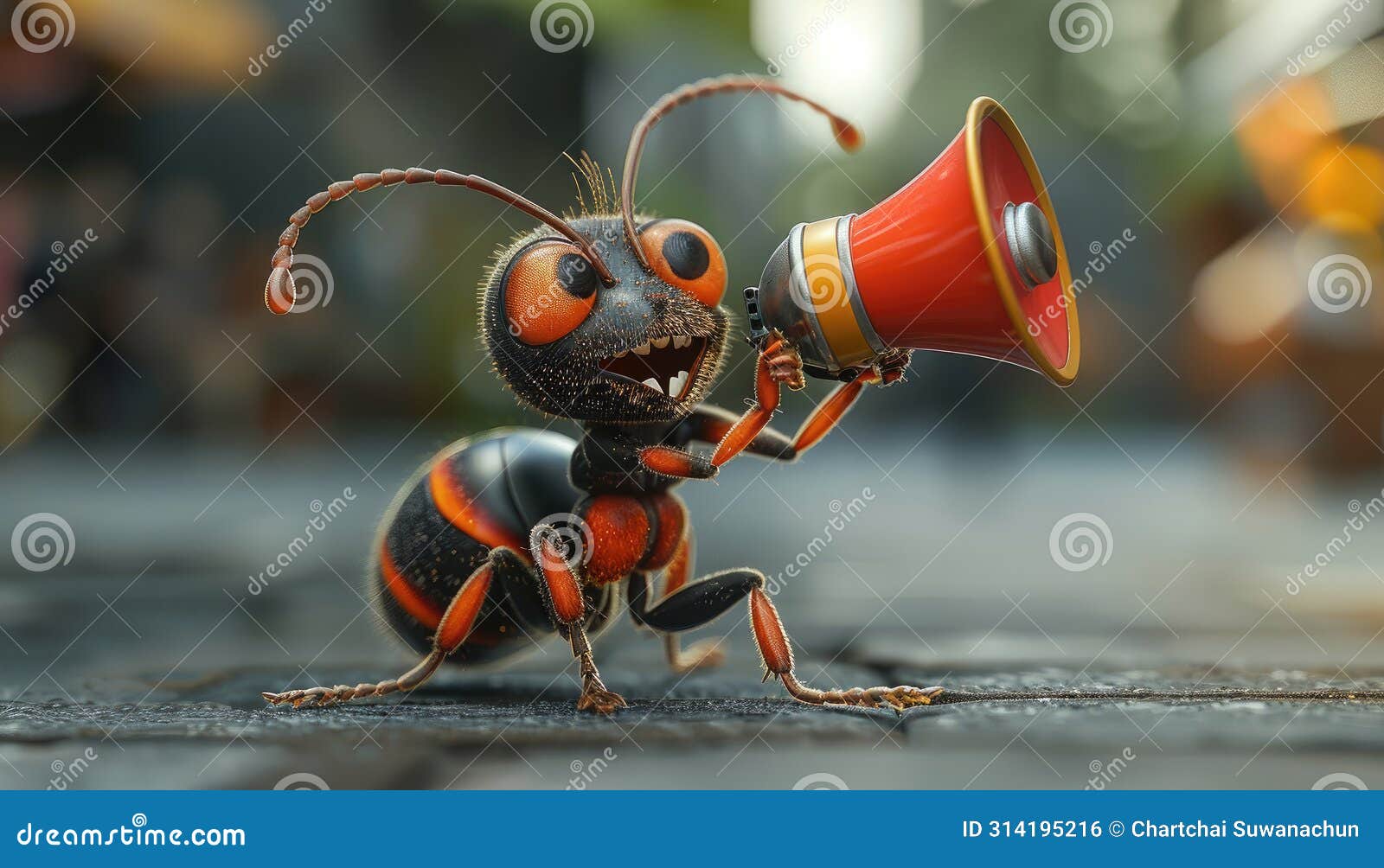 A Cartoonish Red and Black Ant is Holding a Microphone and Making a ...