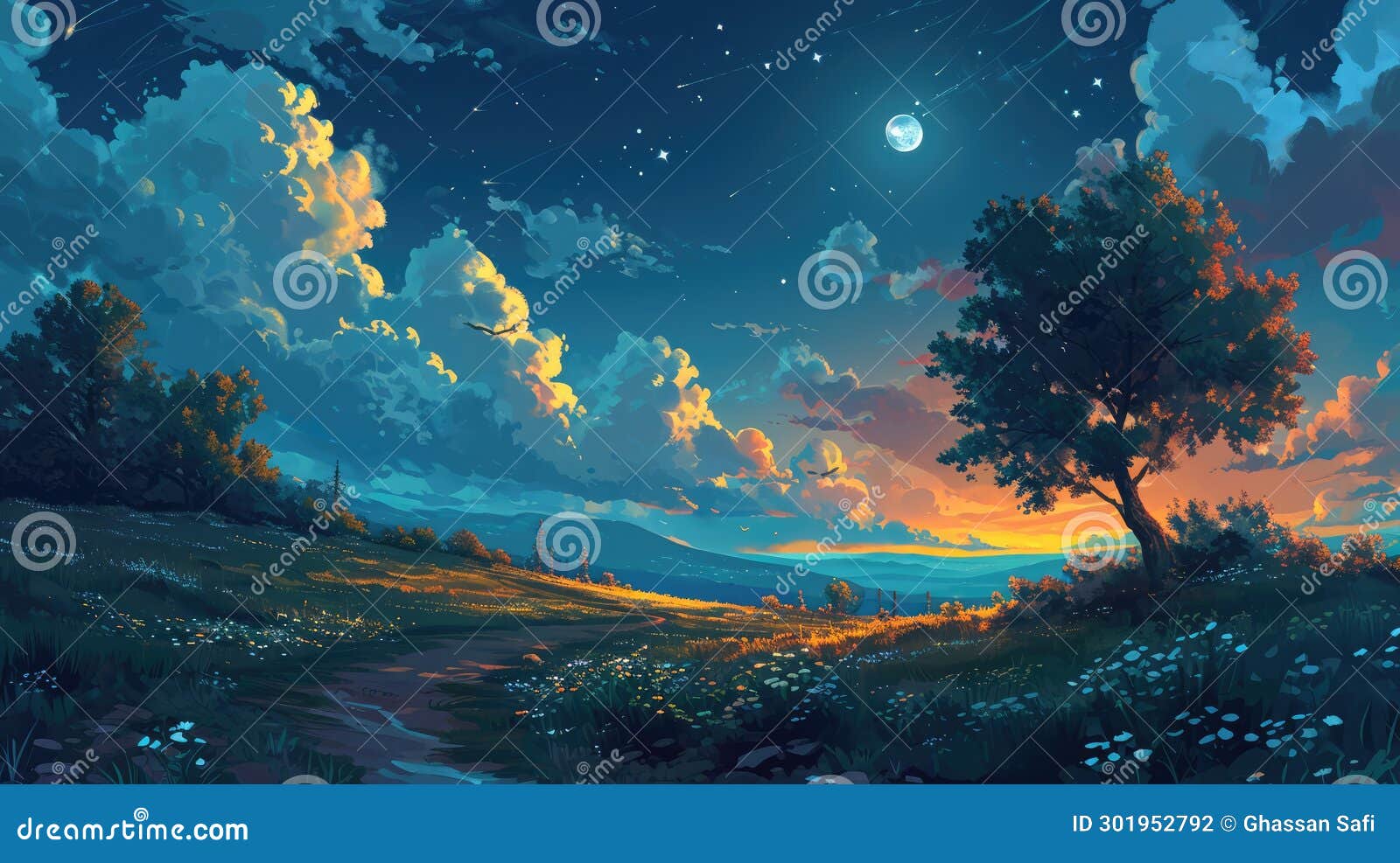 A Cartoony Night-time Landscape with Fluffy Clouds and Trees Stock ...