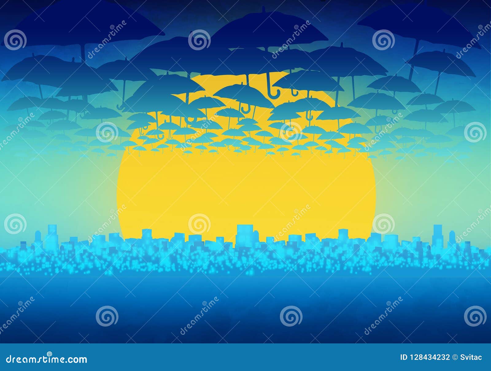 Cartoony Skyline Background At Sunset With Clouds, Stars And Blue ...