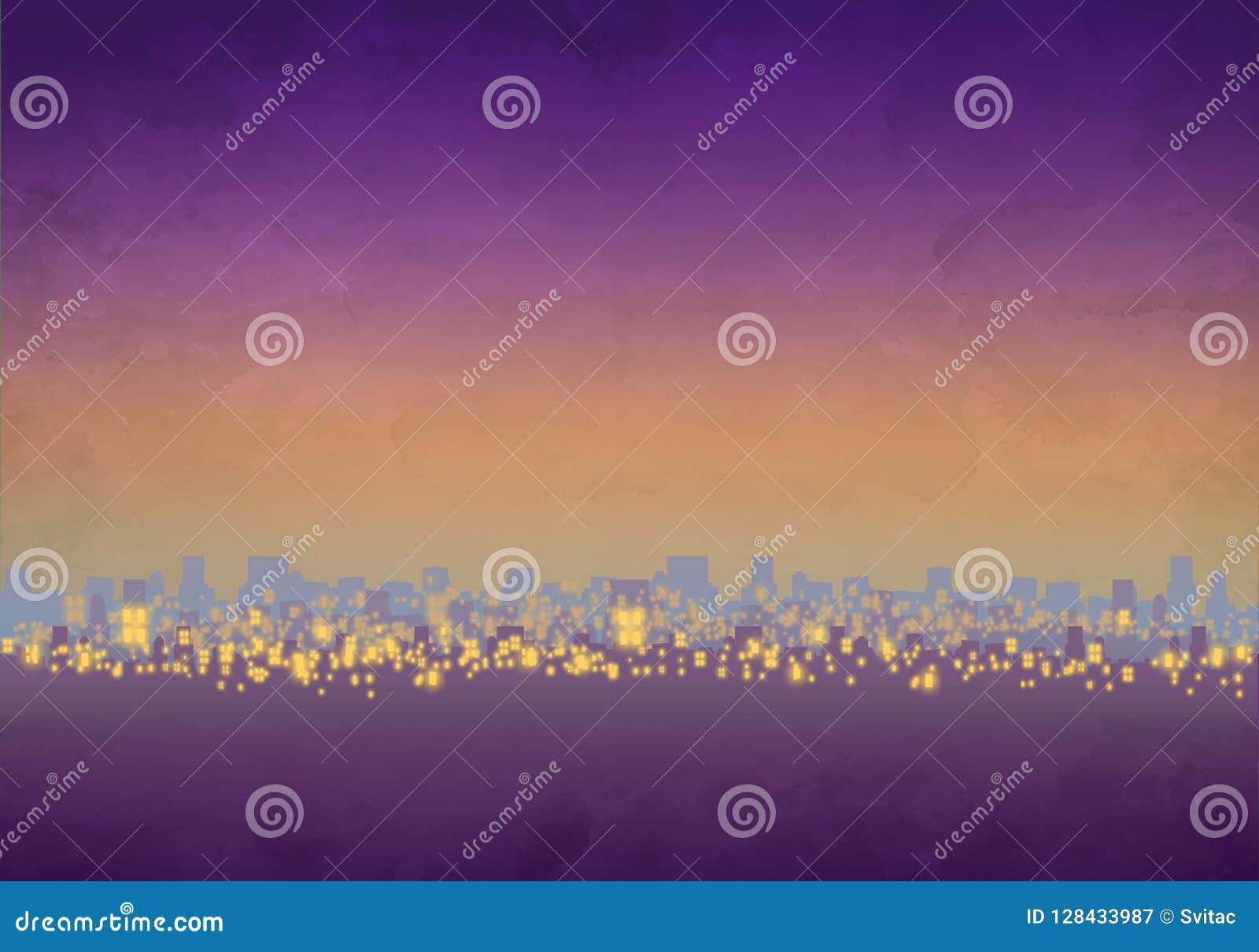 Cartoony Skyline Background At Sunset With Clouds, Stars And Yellow ...