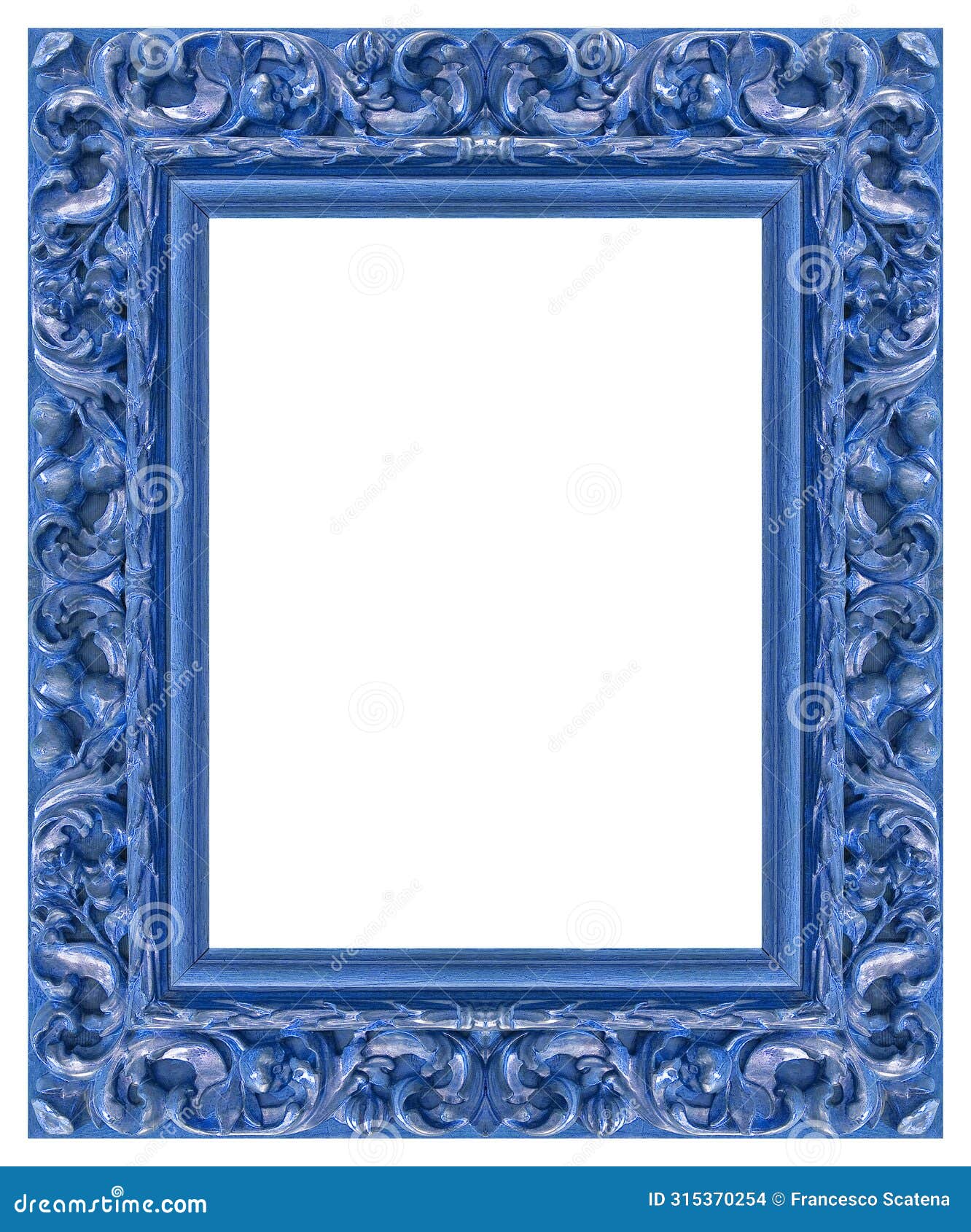 Carved Handmade Blue Wooden Rectangular Frame with Copy Space on White ...