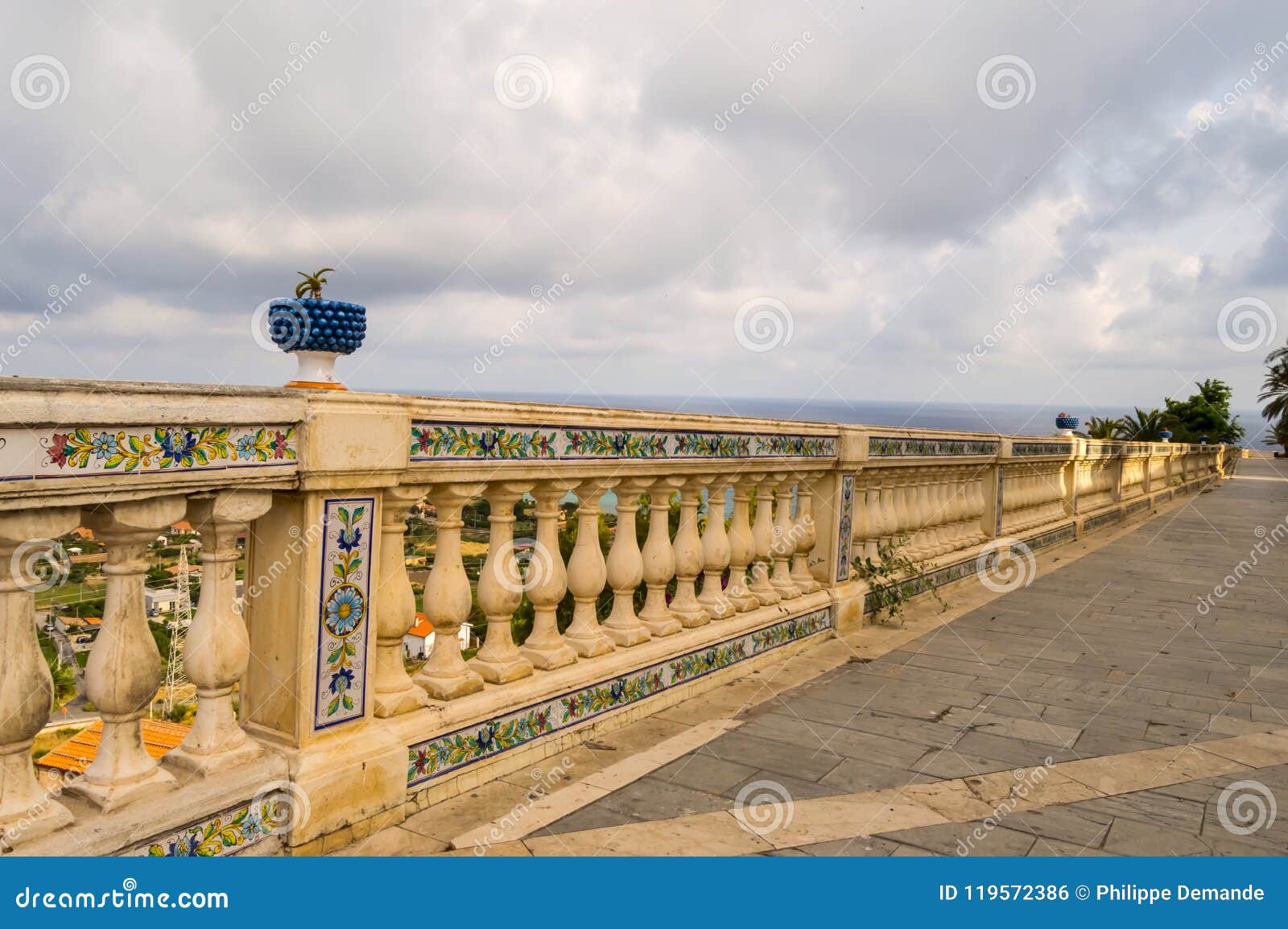Carved Handrail with Ceramic Pattern and Surmounted by a Blue Ba Stock ...