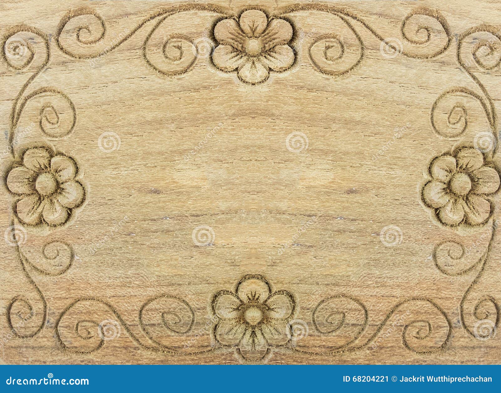 Carved Retro Floral Pattern As Frame on Wooden Background with ...