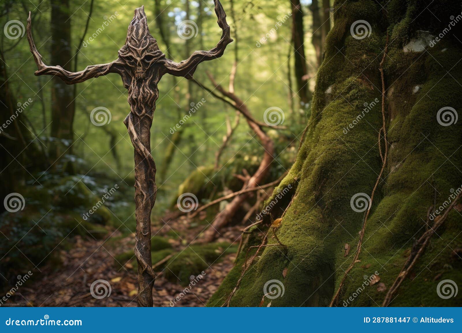 Carved Walking Stick Leaning Against a Tree in the Forest Stock Image ...