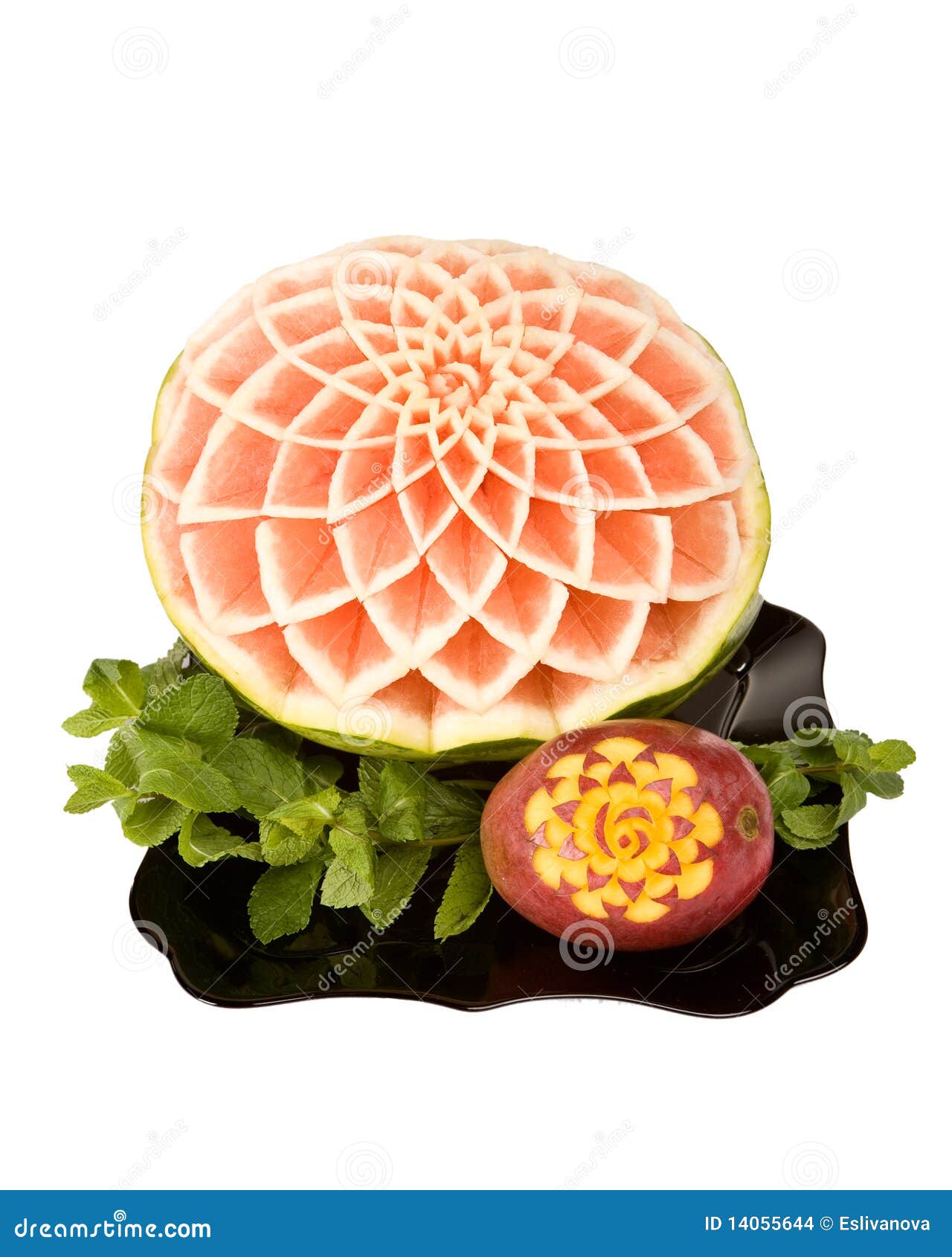 Carved Watermelon and Mango on a Plate Stock Photo - Image of leaf ...
