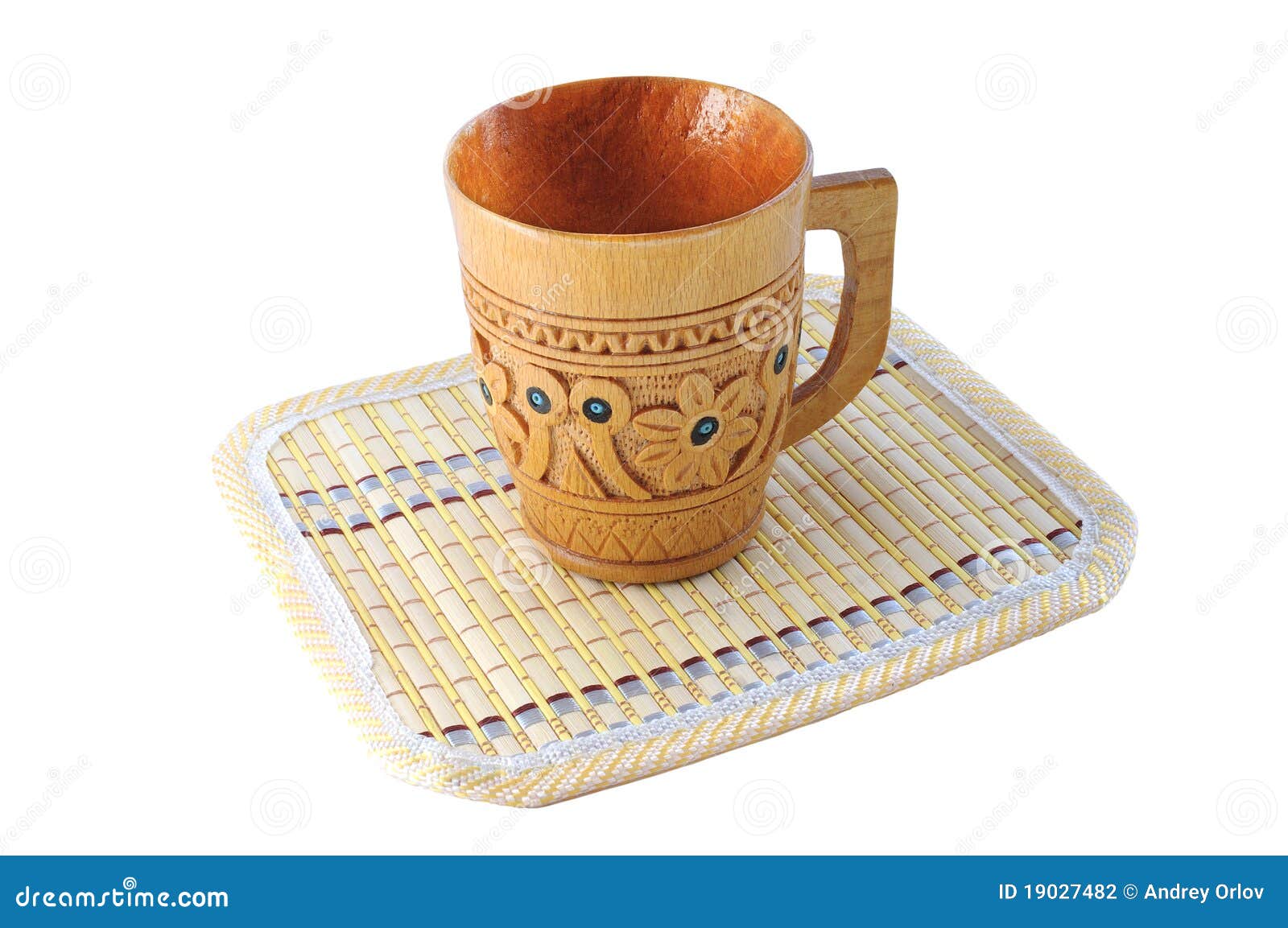 Carved Wooden Cup with a Pattern on a Bamboo Mat Stock Photo - Image of ...