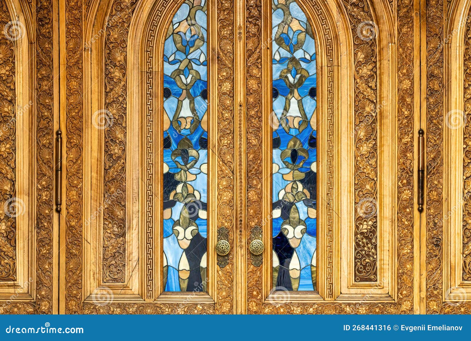 Carved Wooden Doors with Patterns and Mosaics. Stock Photo - Image of ...