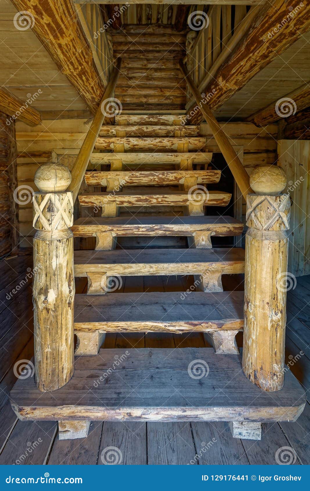 Carved Wooden Staircase. stock image. Image of floor - 129176441