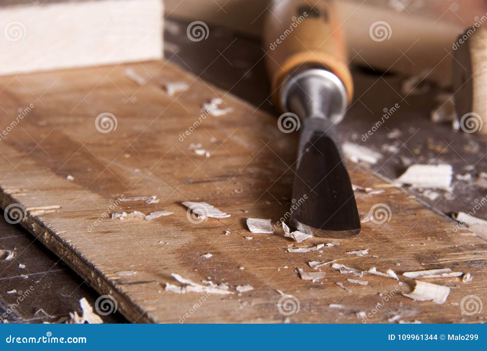 Carving Chisel on Workbench with Wood Chips Stock Photo - Image of ...