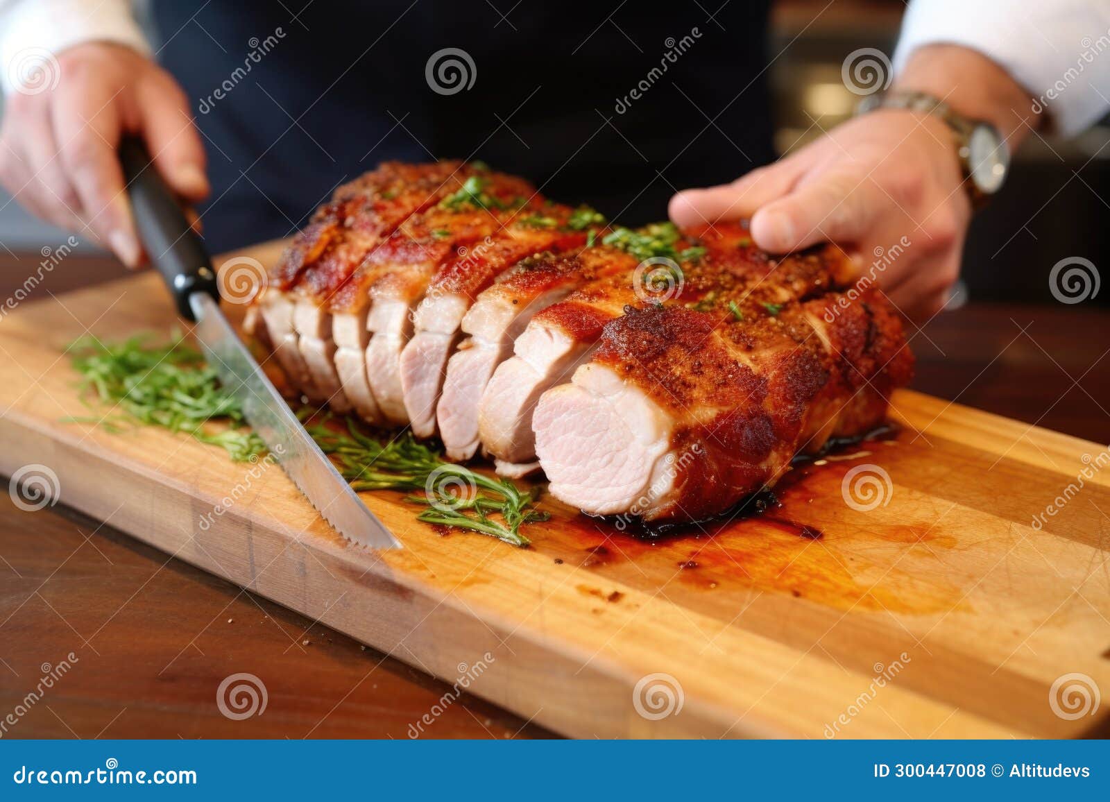 Carving a Perfectly-cooked Pork Loin on a Board Stock Photo - Image of ...