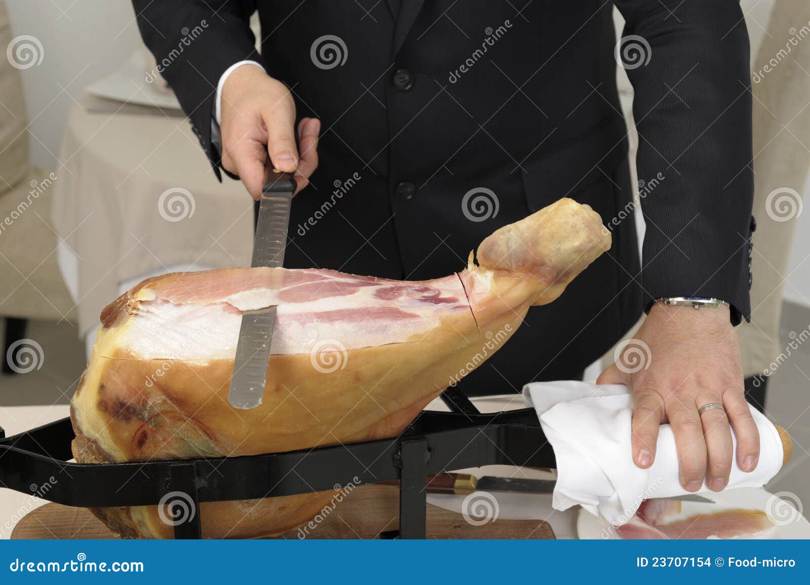Carving a Raw Ham on a Ham Stand Stock Photo - Image of work, table ...