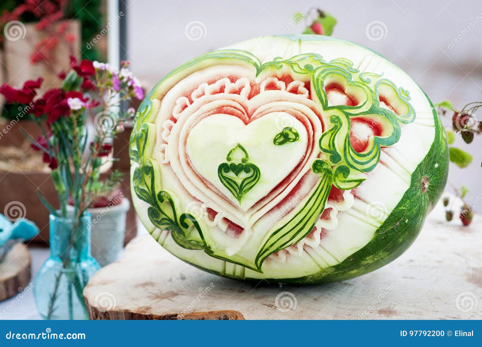 Carving Watermelon. Decoration Fresh Fruit. Design Stock Photo - Image ...