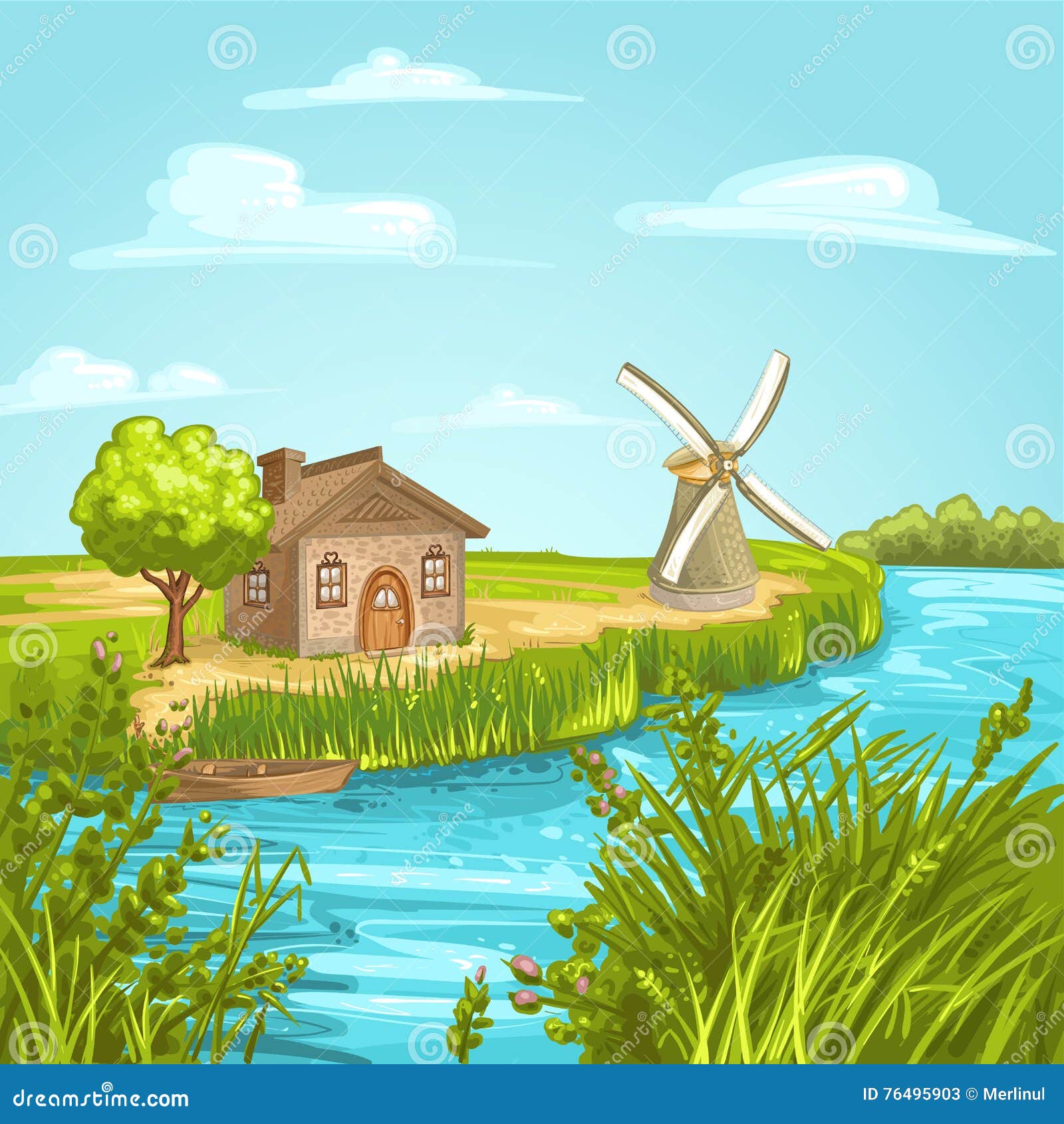 Casa cerca del río ilustración del vector. Ilustración de paisaje ...