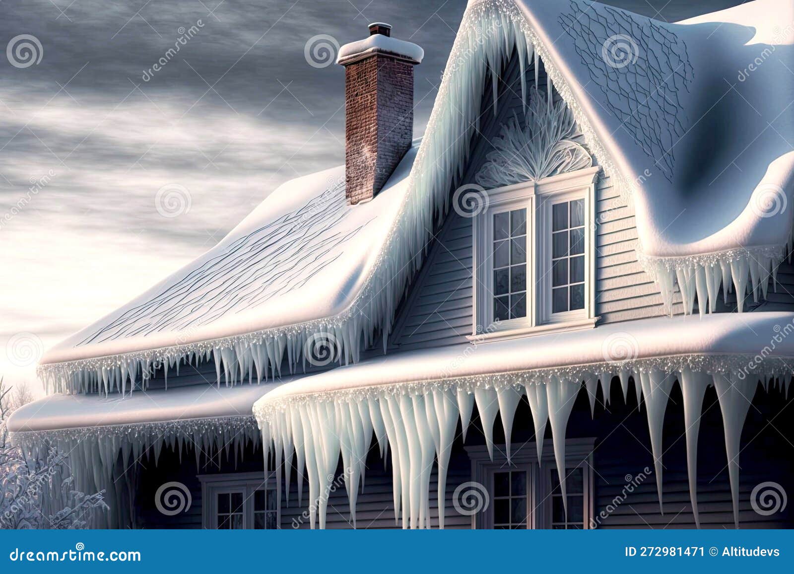 Casa Com Teto Triangular Coberta De Neve E Gelo Na Casa Ilustração ...