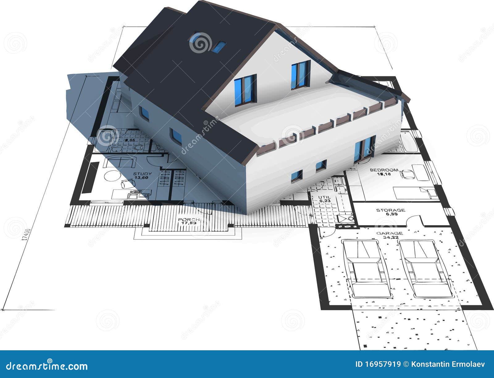 Casa Modelo De Arquitectura Sobre Blueprints Stock de ilustración ...