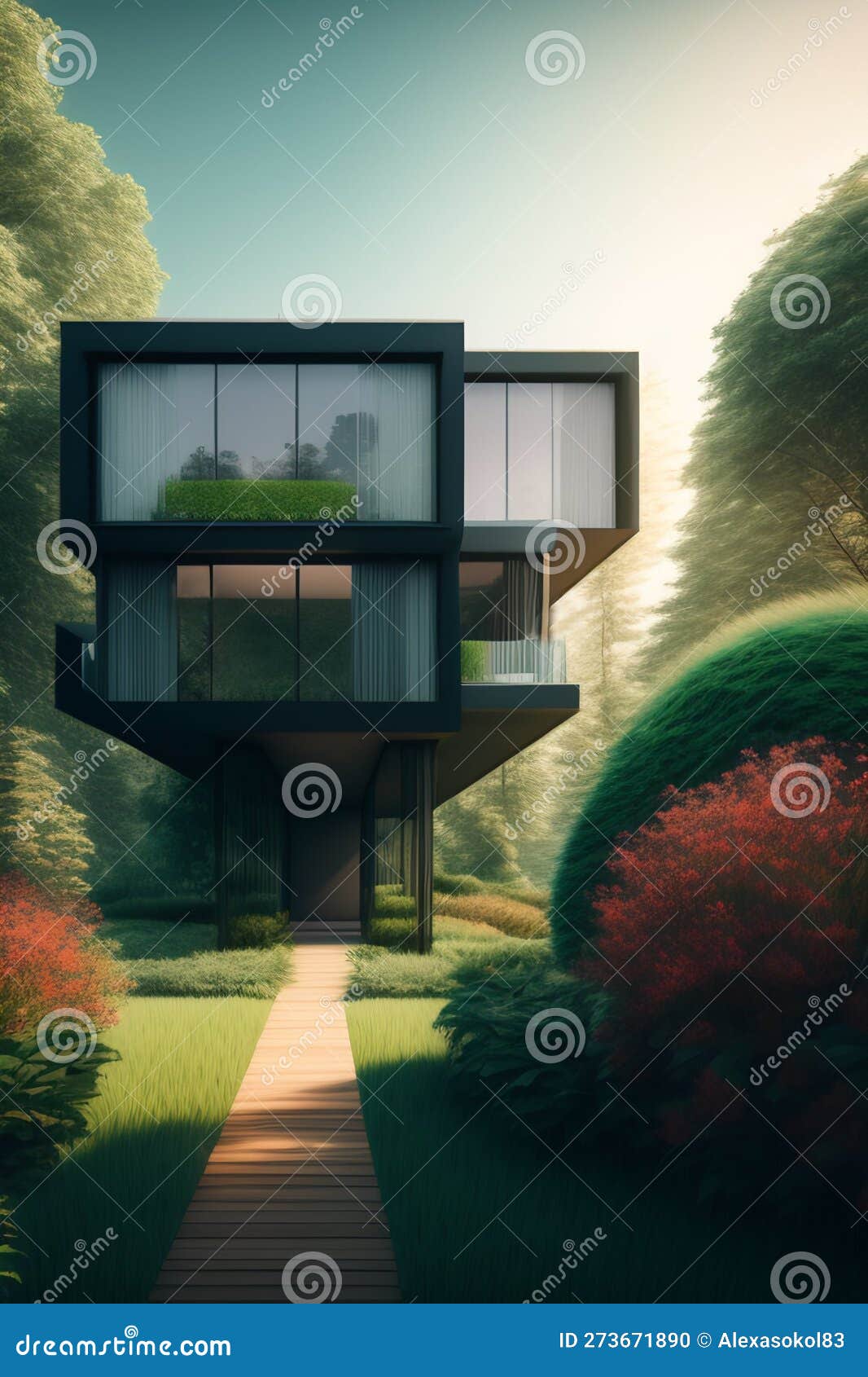 Casa Moderna Surreal Com Muitos Verdes E Flores Ilustração Stock ...