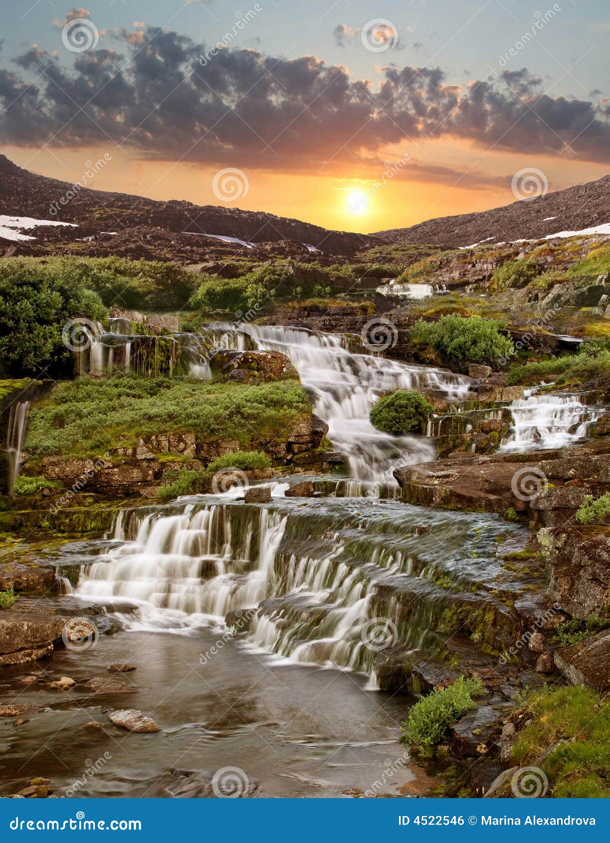 The Cascade of Falls on a Sunset in Mountains Stock Photo - Image of ...