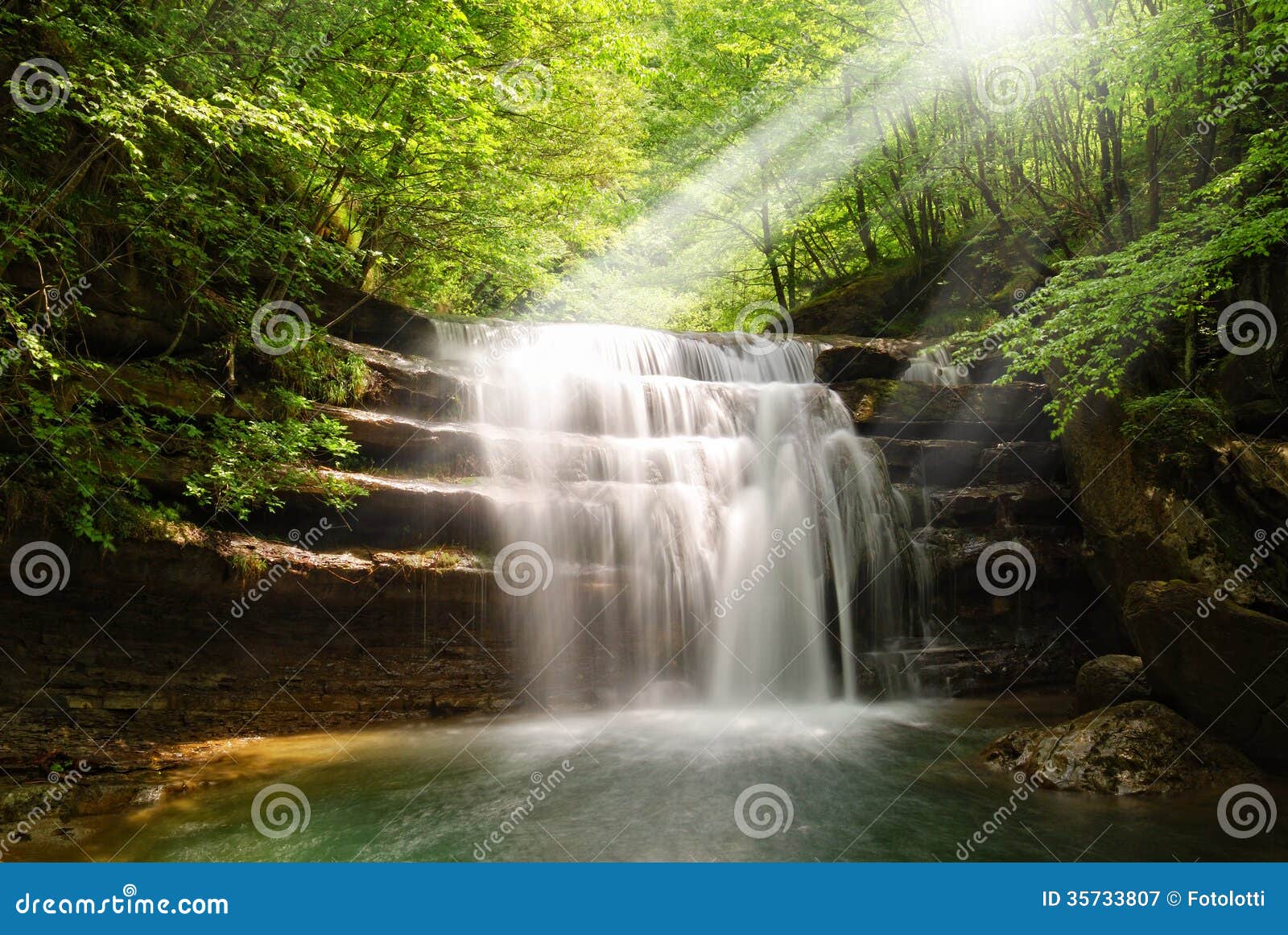 Cascade Illuminated by Sunshine Stock Image - Image of blue, plant ...