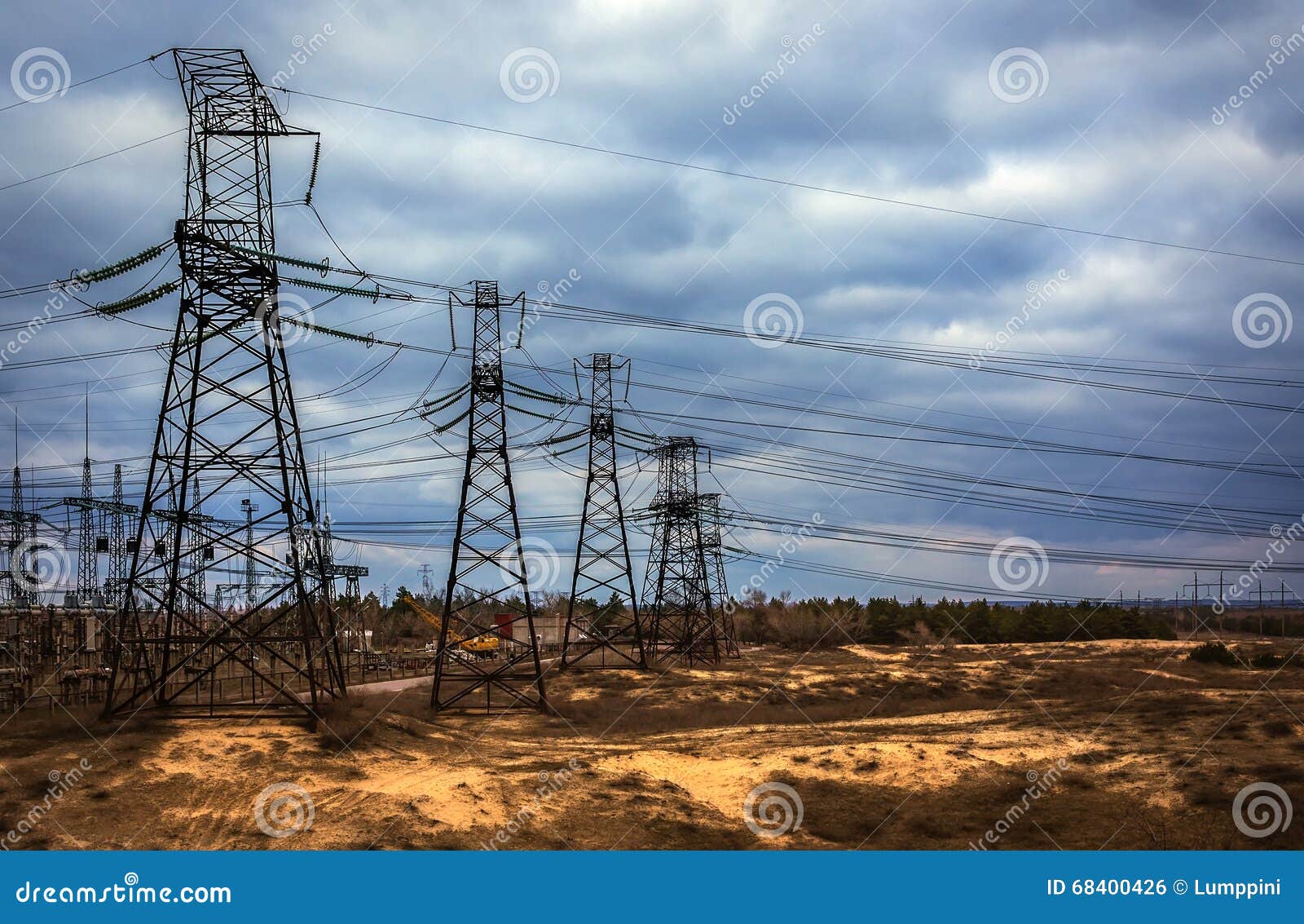 Cascade of Power Lines. Electricity Distribution Station in Storm ...
