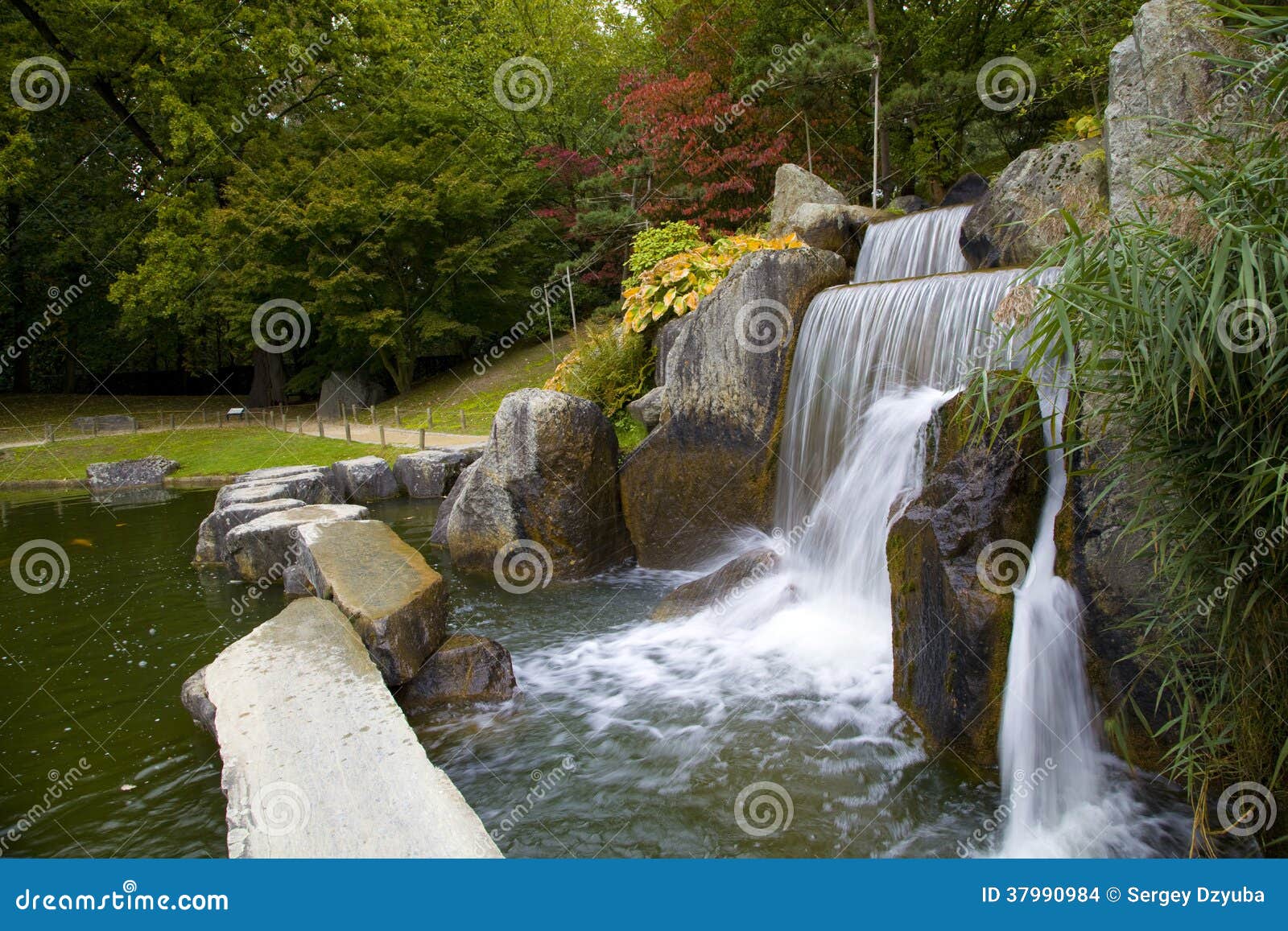 Cascade Waterfall in Japanese Garden Stock Photo - Image of green ...