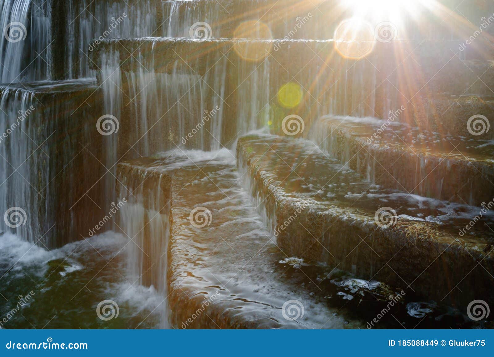 Cascading Multistage Waterfall Made of Concrete Blocks is Illuminated ...