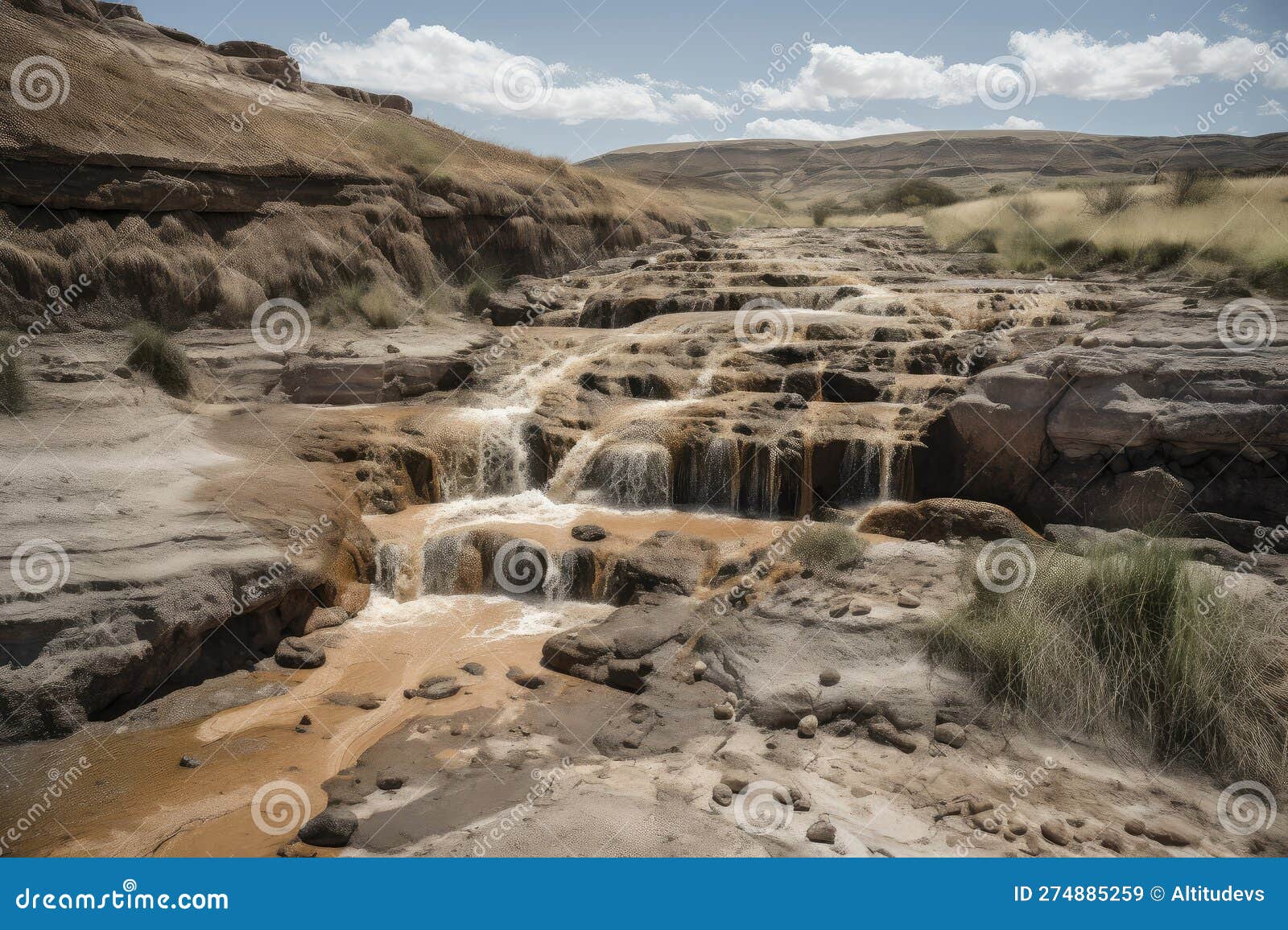 Cascading Waterfall Amidst Dried-out Landscape of Drought Stock ...