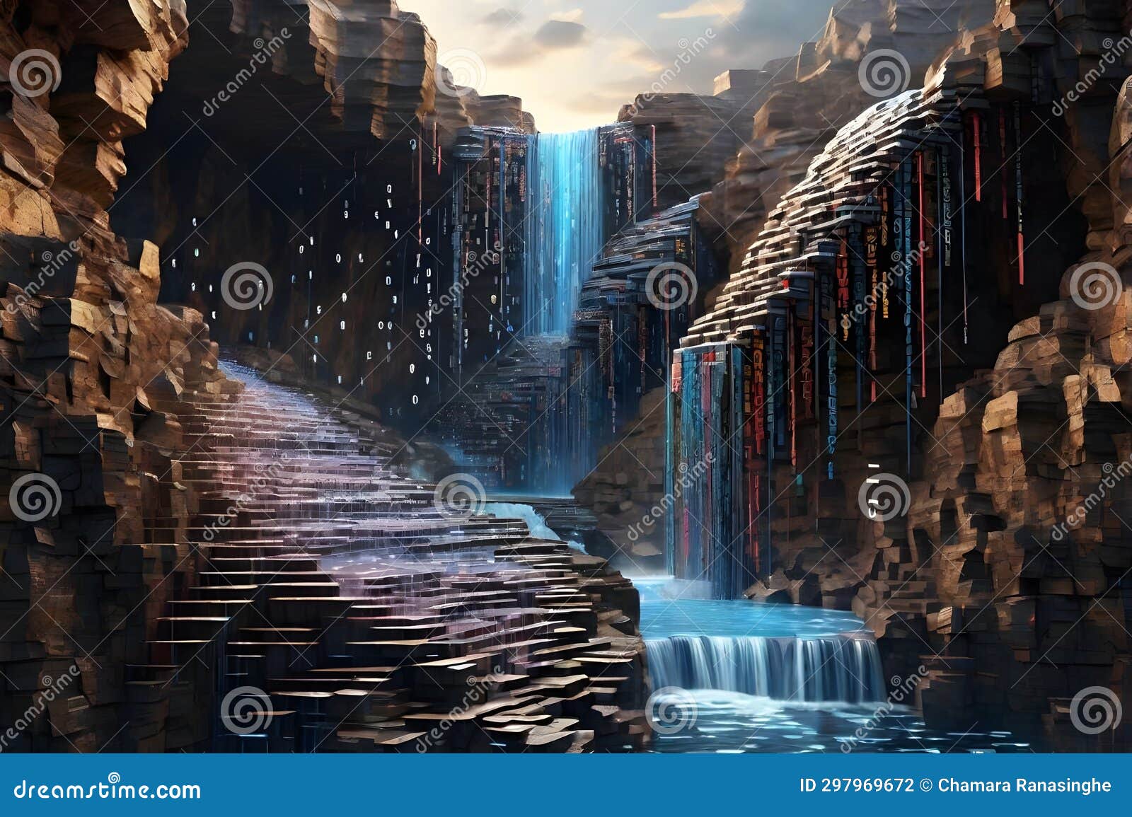 Digital Waterfall stock illustration. Illustration of cliff - 297969672
