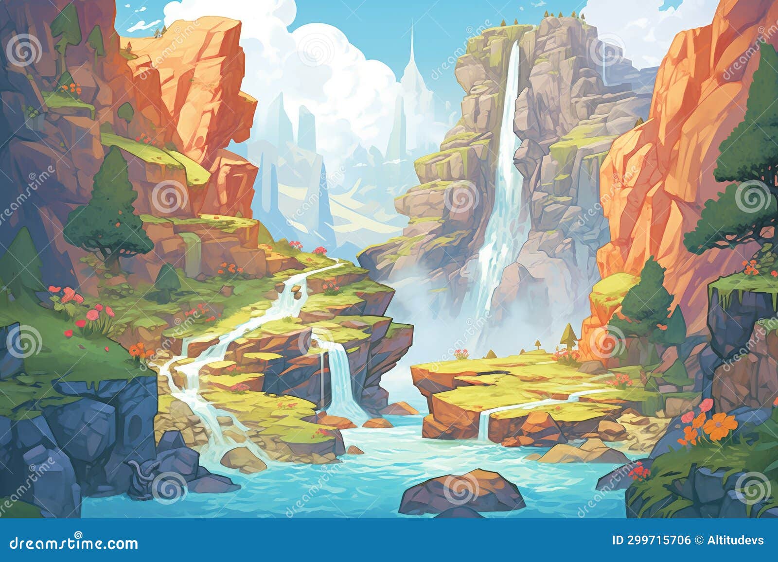 Cascading Waterfall Running Down a Rocky Slope in a Mountain Valley ...