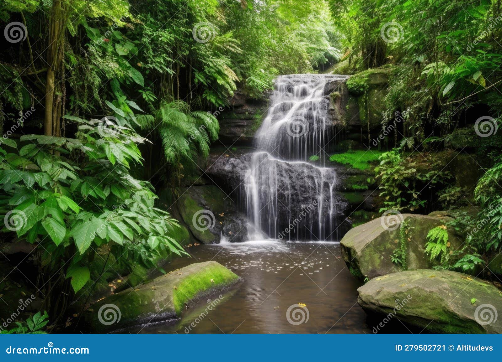Cascading Waterfall Surrounded by Lush Greenery Stock Image - Image of ...