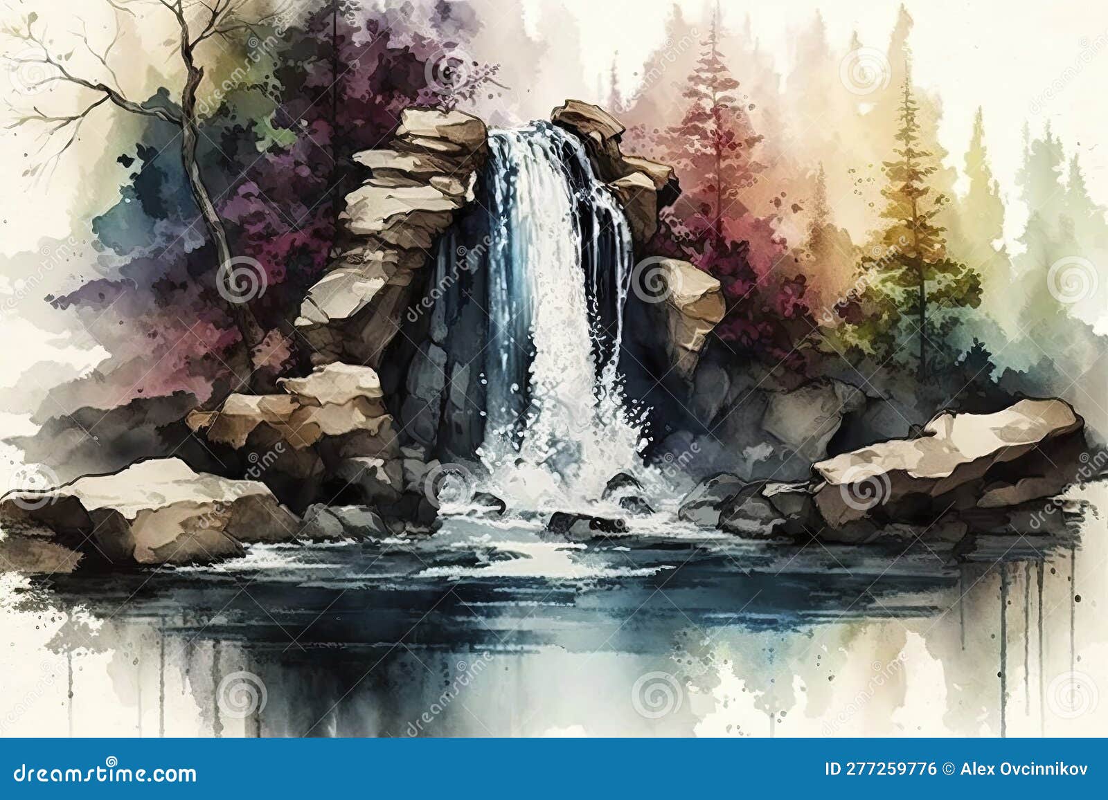 Cascading Waterfall in Vibrant Watercolors for Invitations and Posters ...