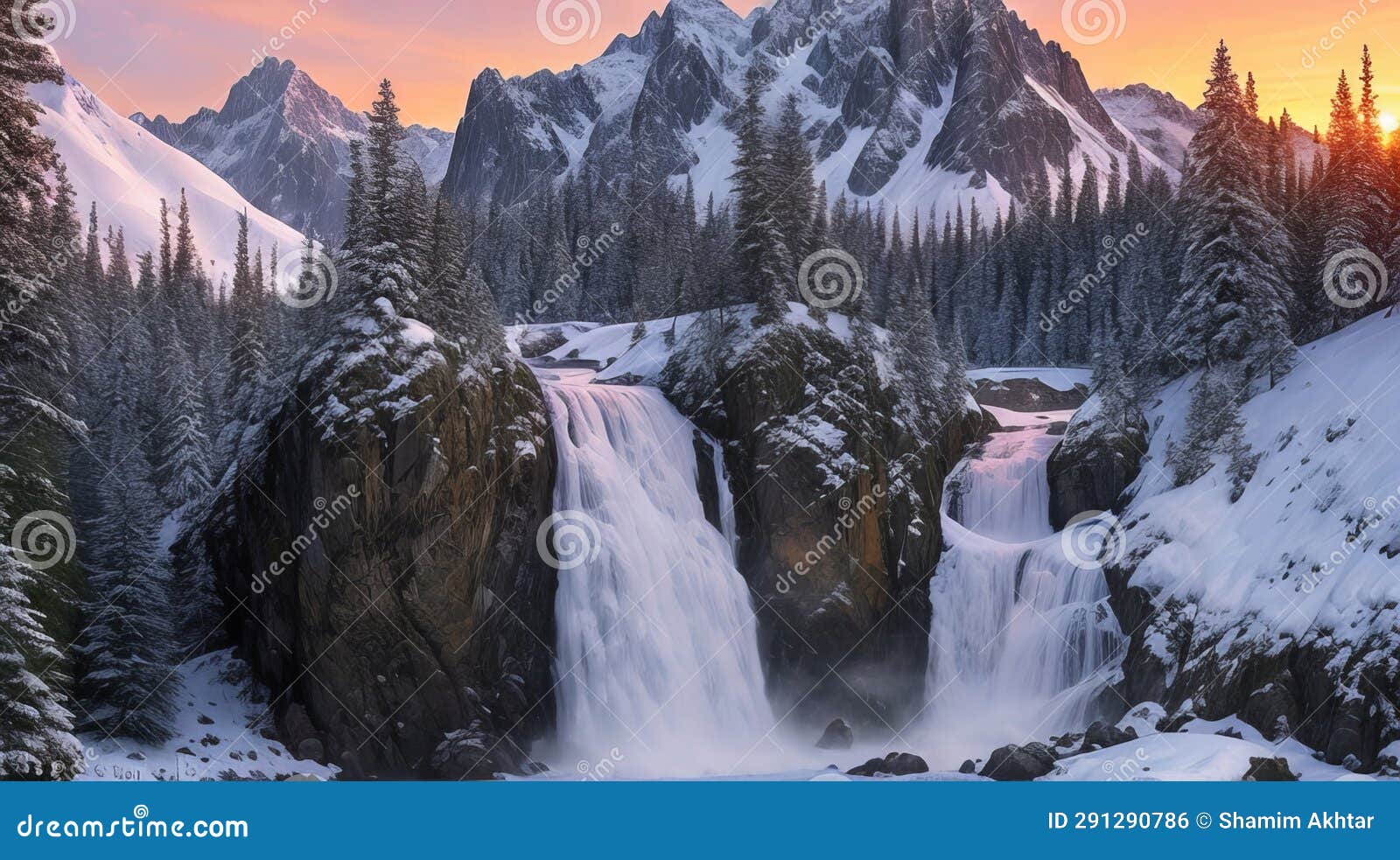 Cascading Waterfalls the Setting Sun Casts Long Shadows Over the Snow ...