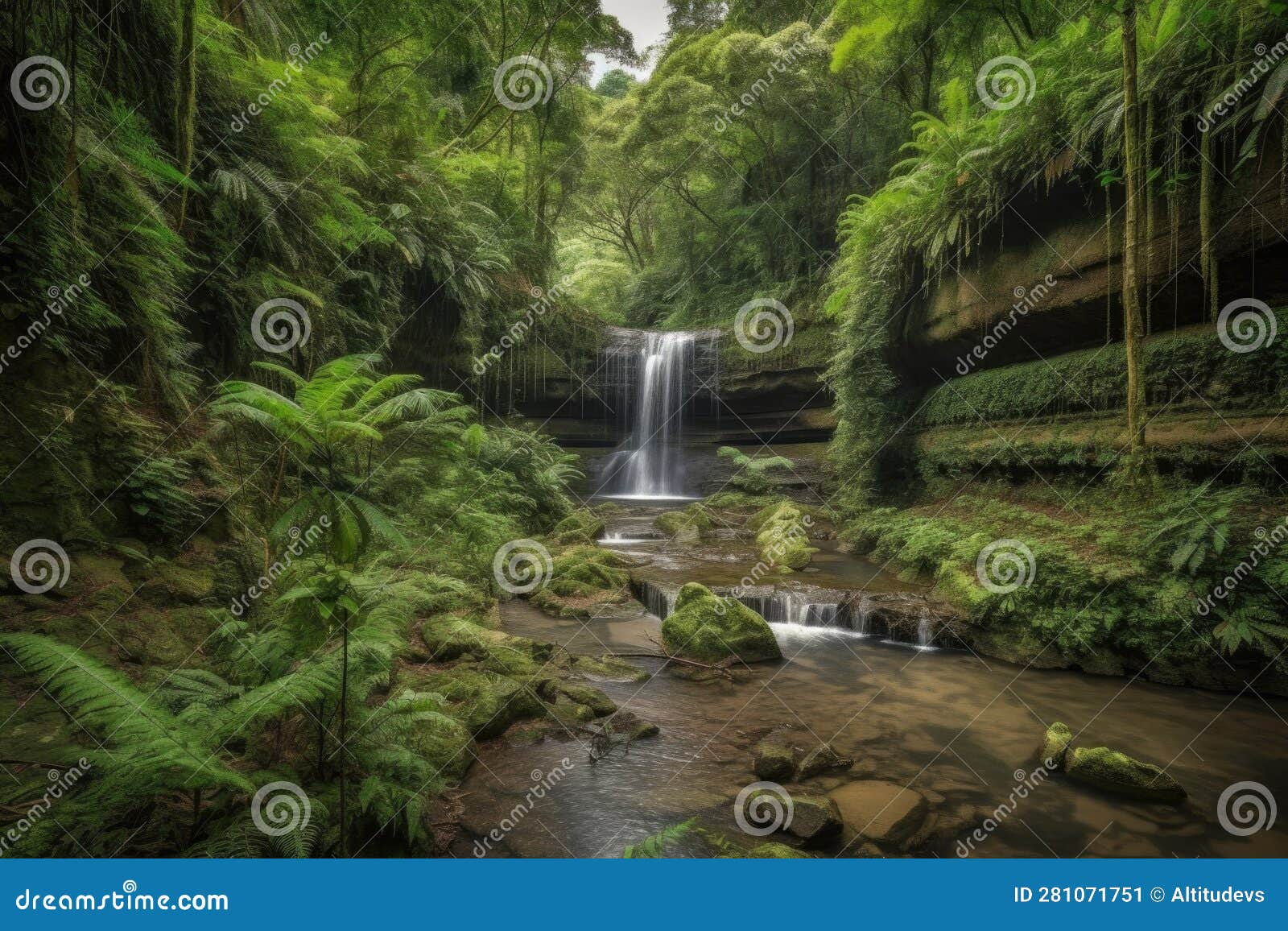 Cascading Waterfalls Surrounded by Lush Greenery and Towering Trees ...