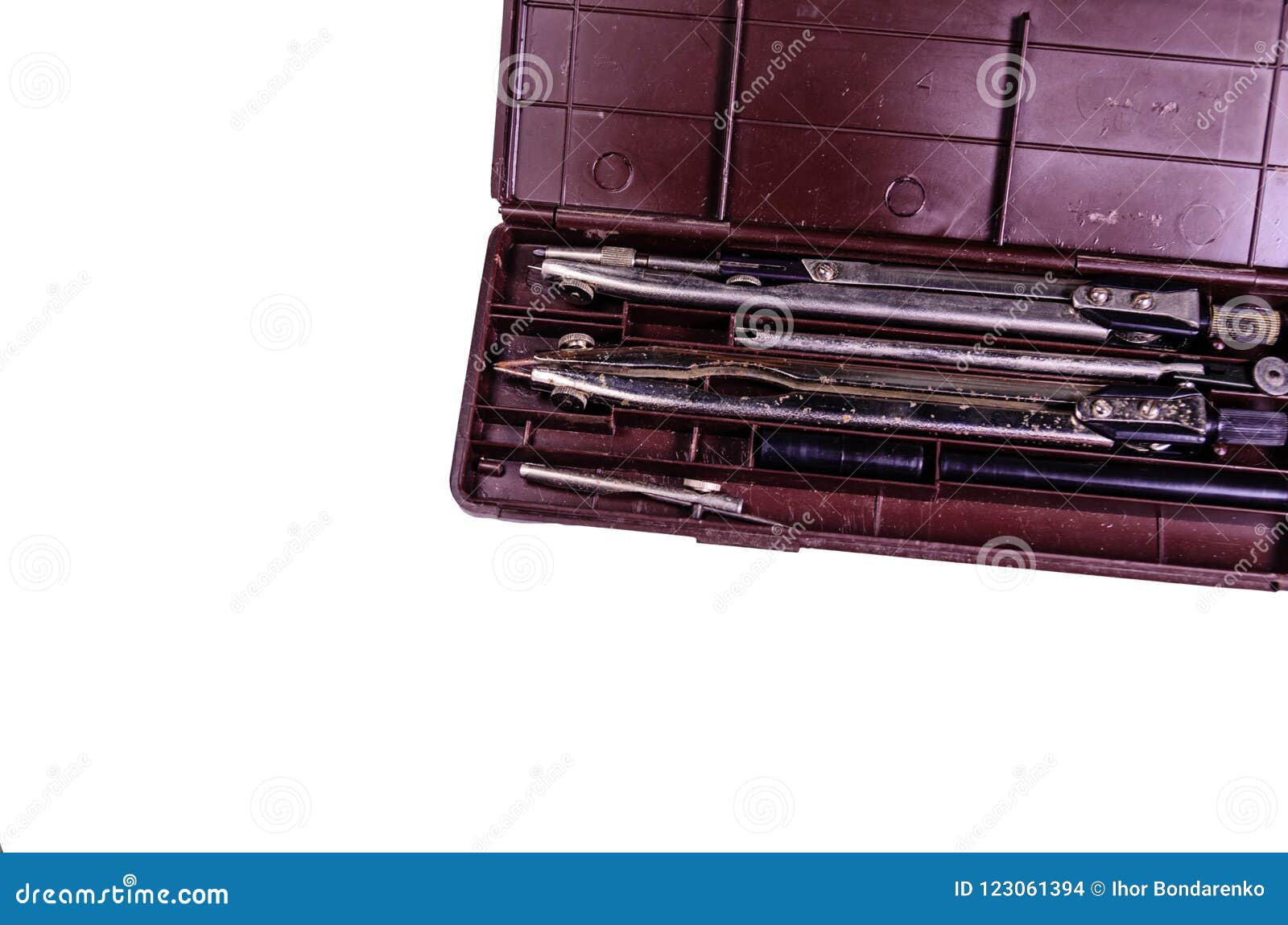 Case of Drawing Instruments Isolated on White Stock Photo - Image of ...