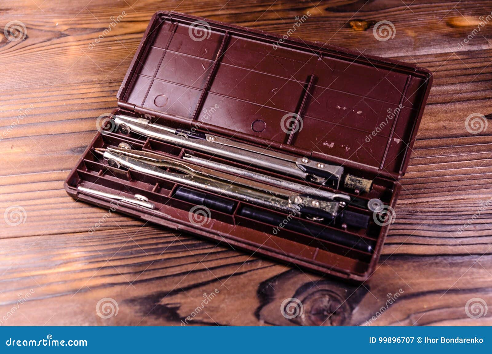 Case of Drawing Instruments on Wooden Table Stock Image - Image of ...