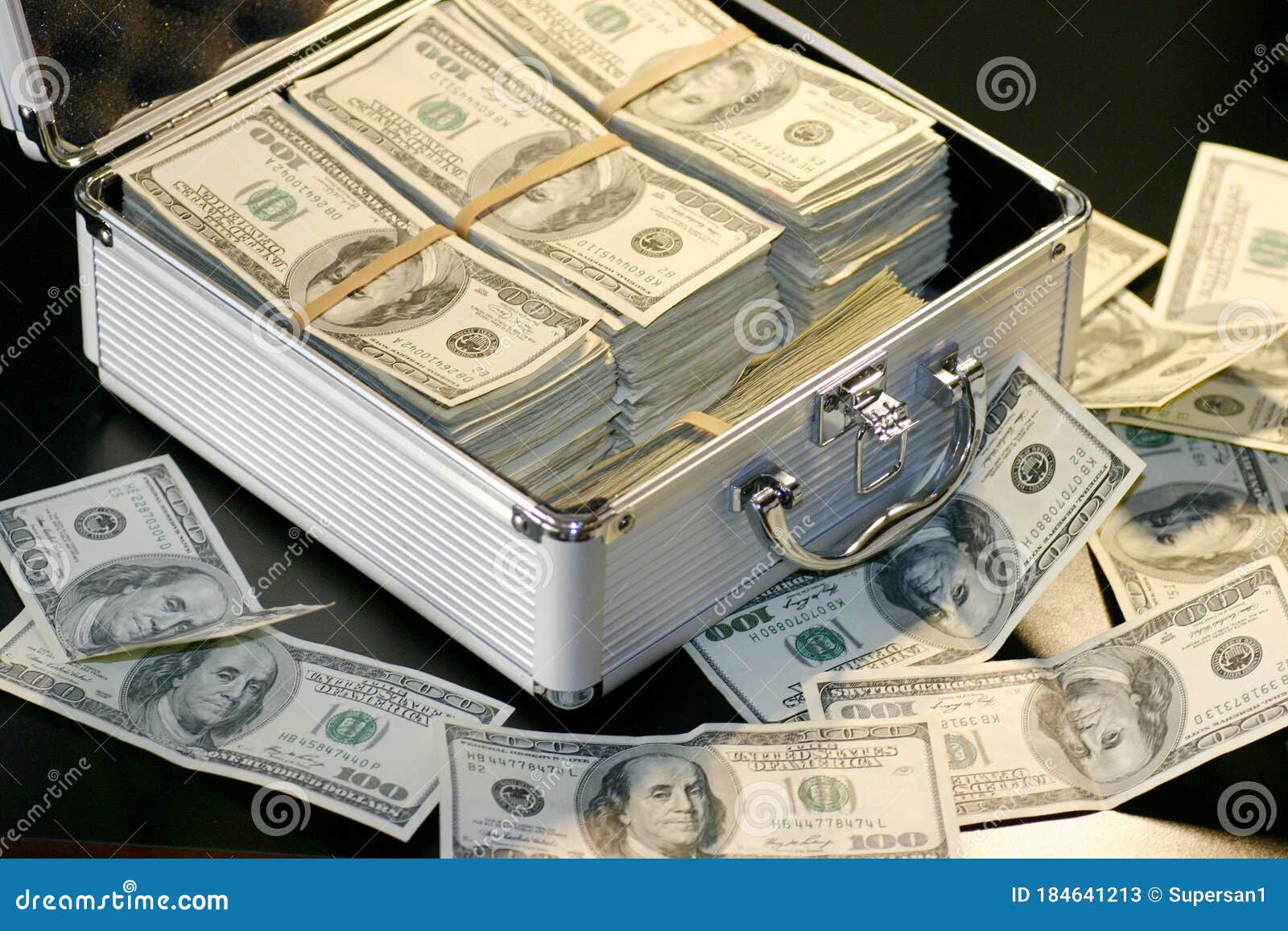 Case Full of Money on Gray Background Stock Image - Image of container ...