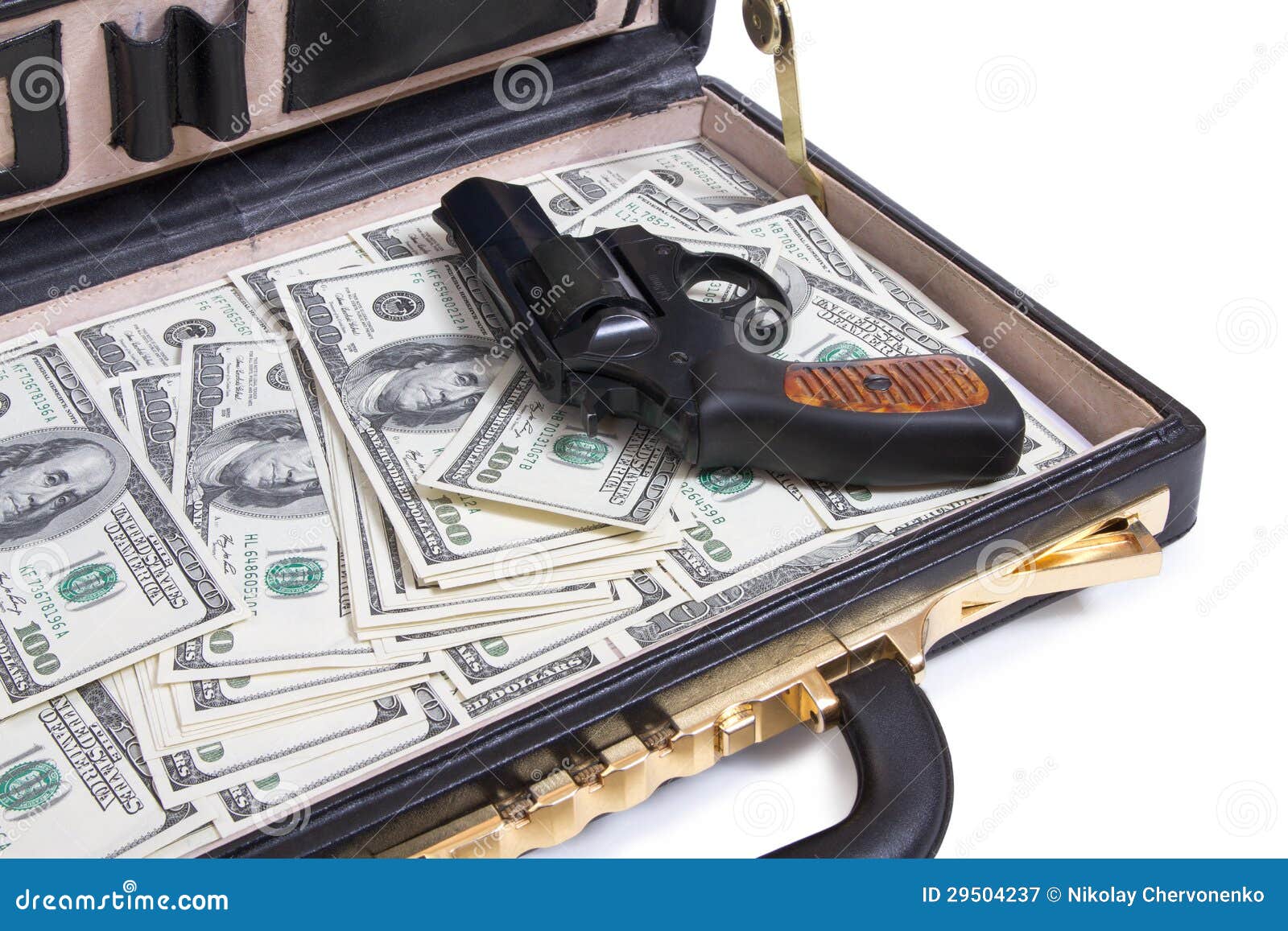 Case with money and gun stock image. Image of white, savings - 29504237