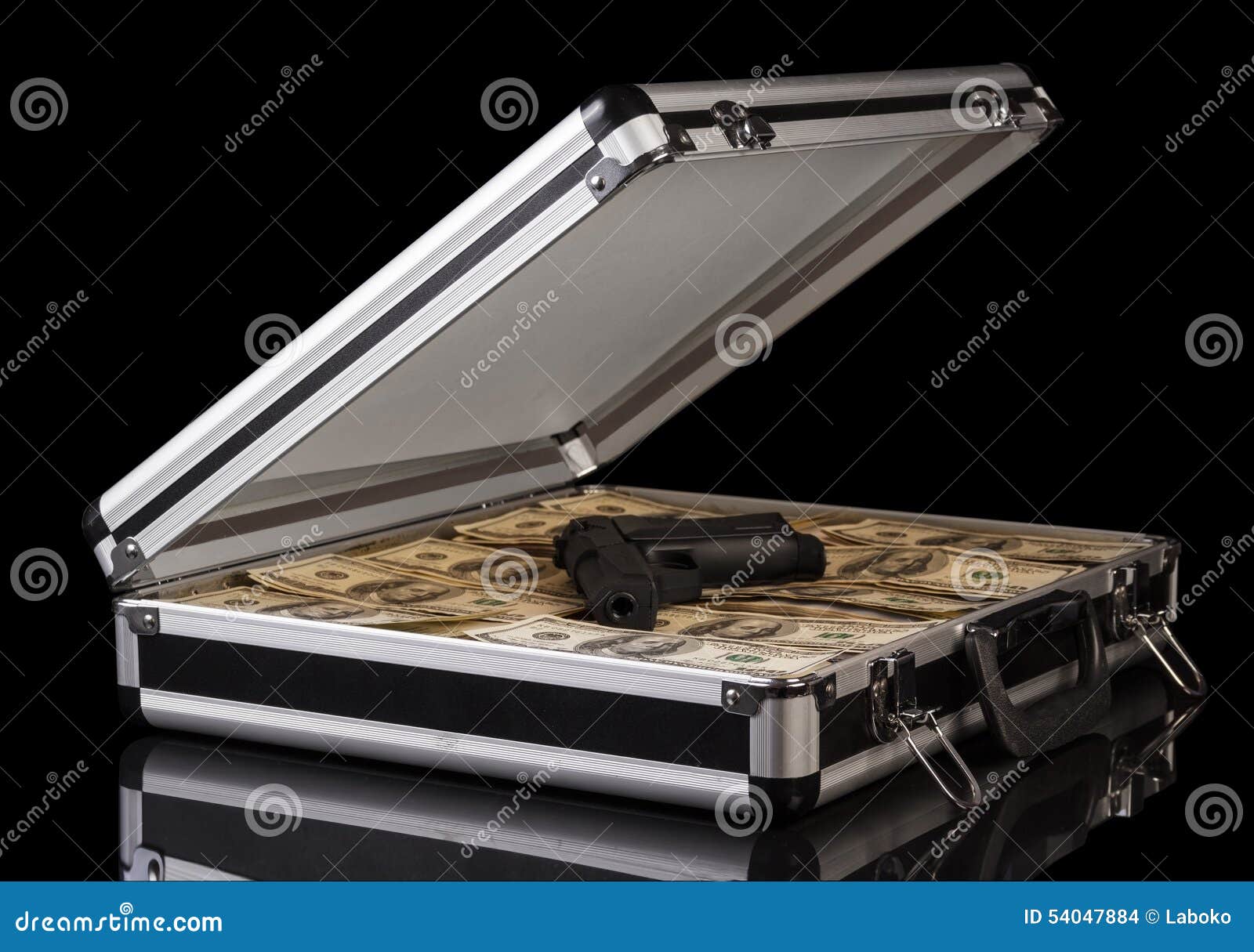 Case with money and gun stock photo. Image of holding - 54047884