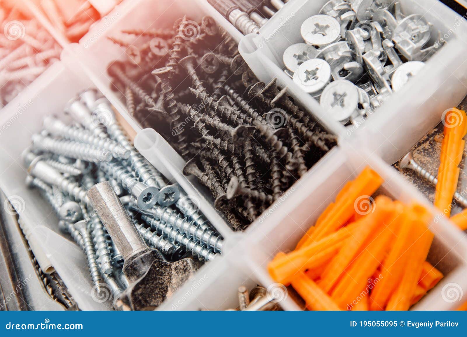 Case with Small Construction Objects. Set Metal Tool Box of Screws ...