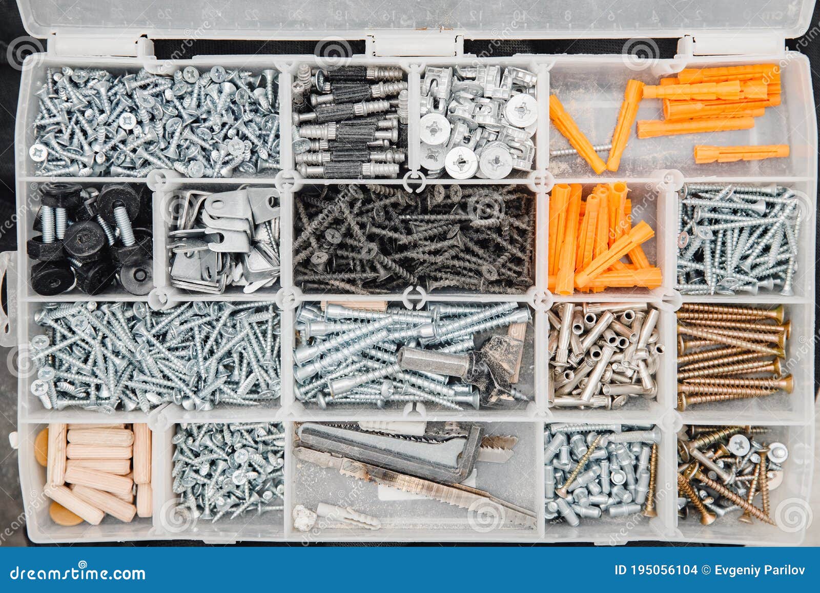 Case with Small Construction Objects. Set Metal Tool Box of Screws ...