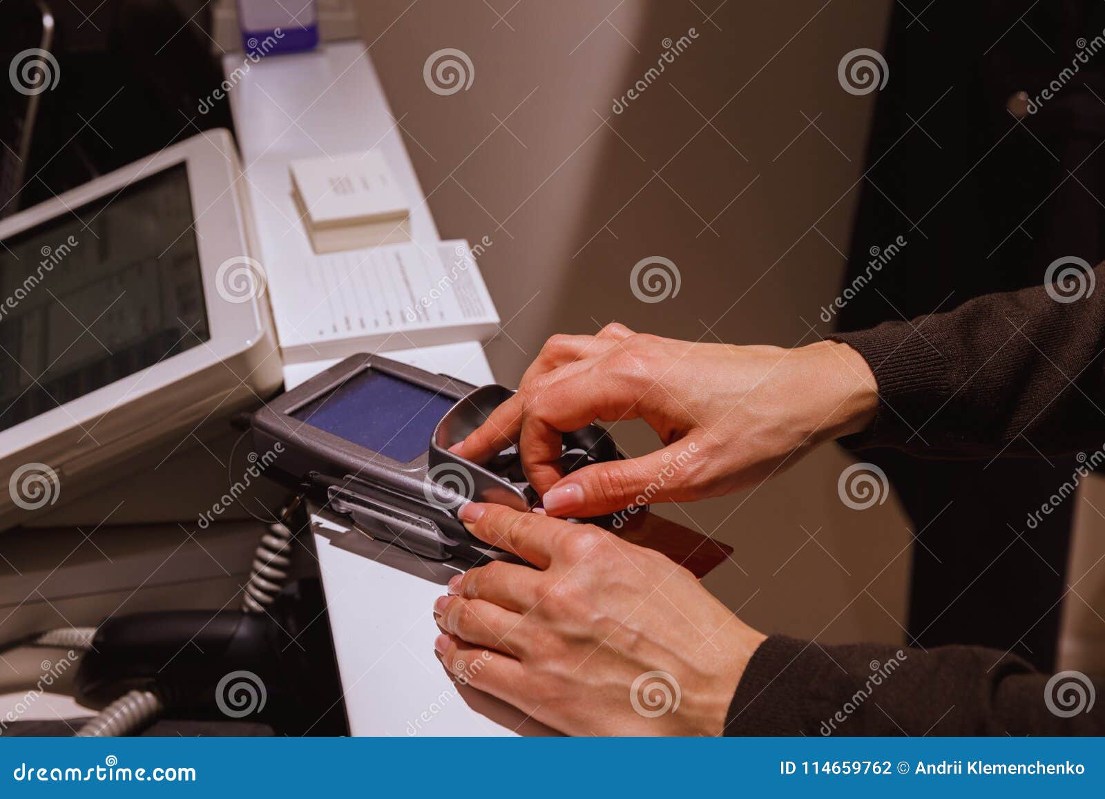 Cash Desk with Screen and Card Payment Terminal in Mall. Stock Photo ...