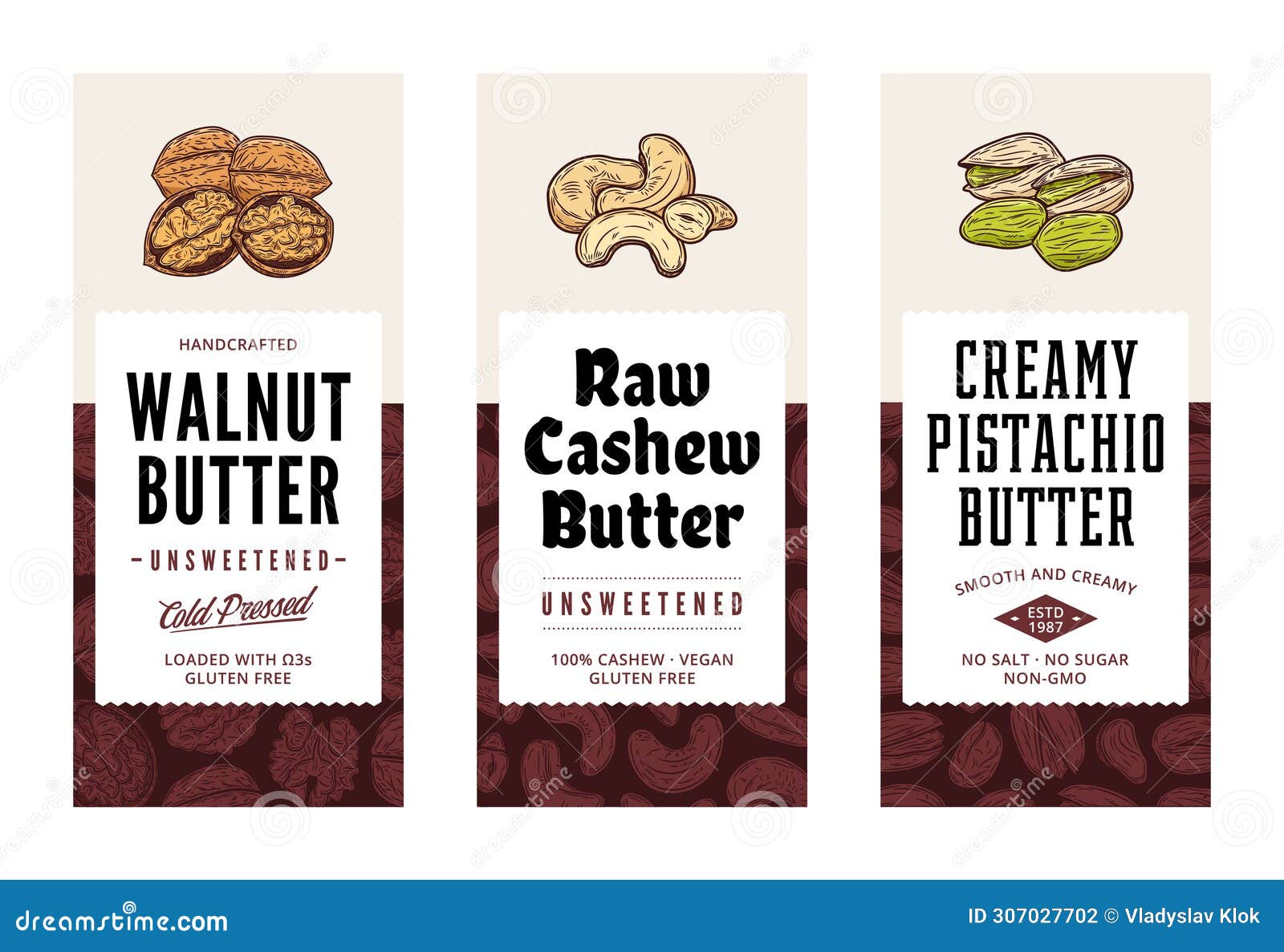 Cashew, Pistachio, Walnut Butter Labels in Modern Style Stock Vector ...
