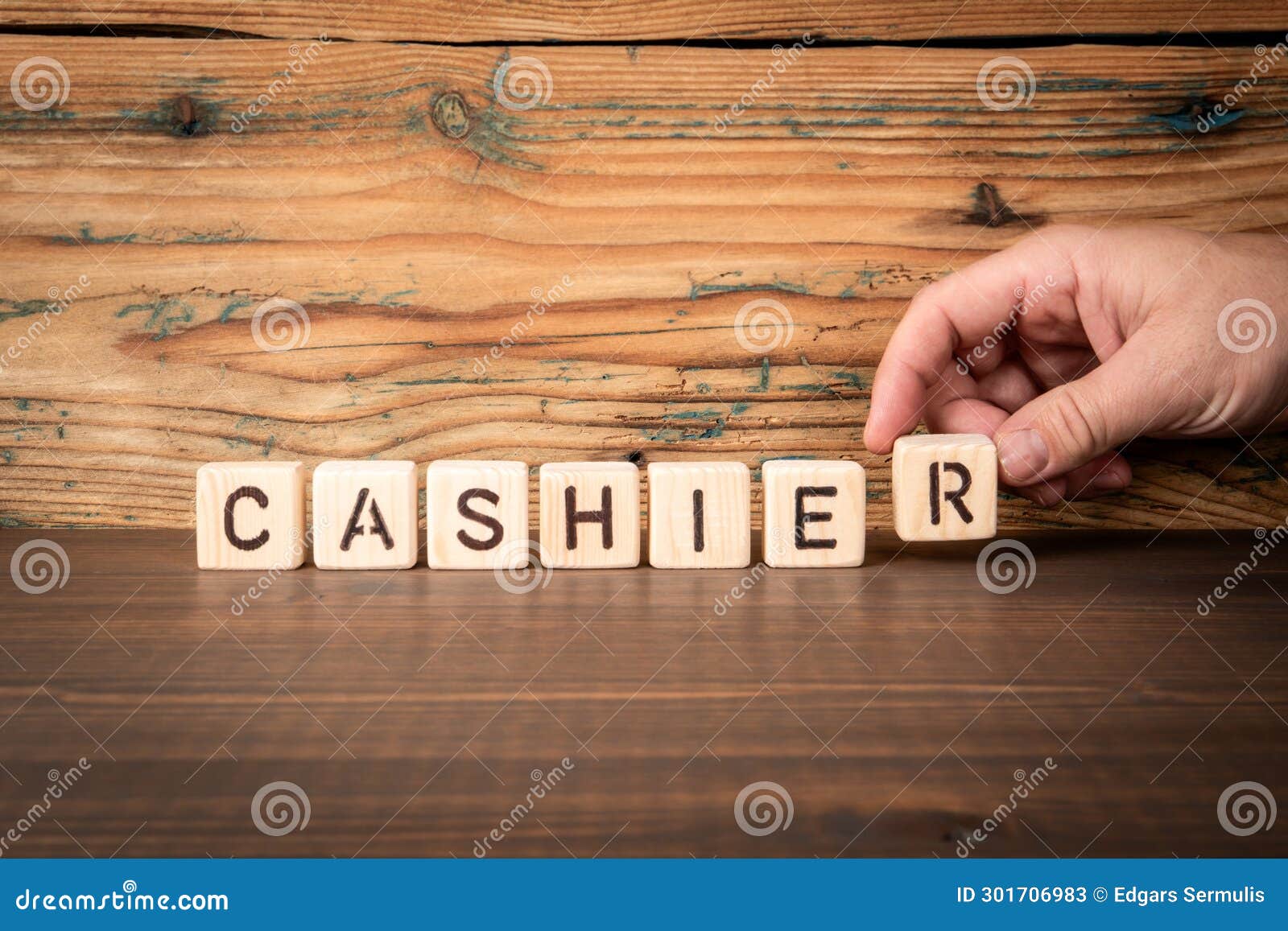CASHIER. Alphabet Blocks on Wood Texture Background Stock Image - Image ...