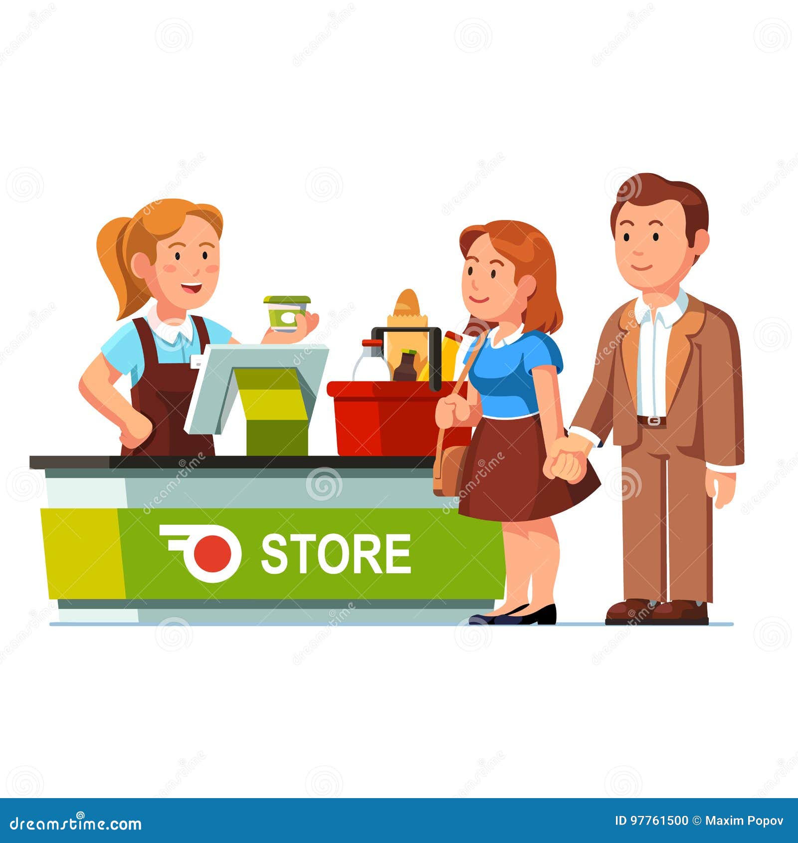 Cashier At Checkout Counter And Serving Customers Vector Illustration ... Cashier At Checkout Counter And Serving Customers Vector Illustration ...