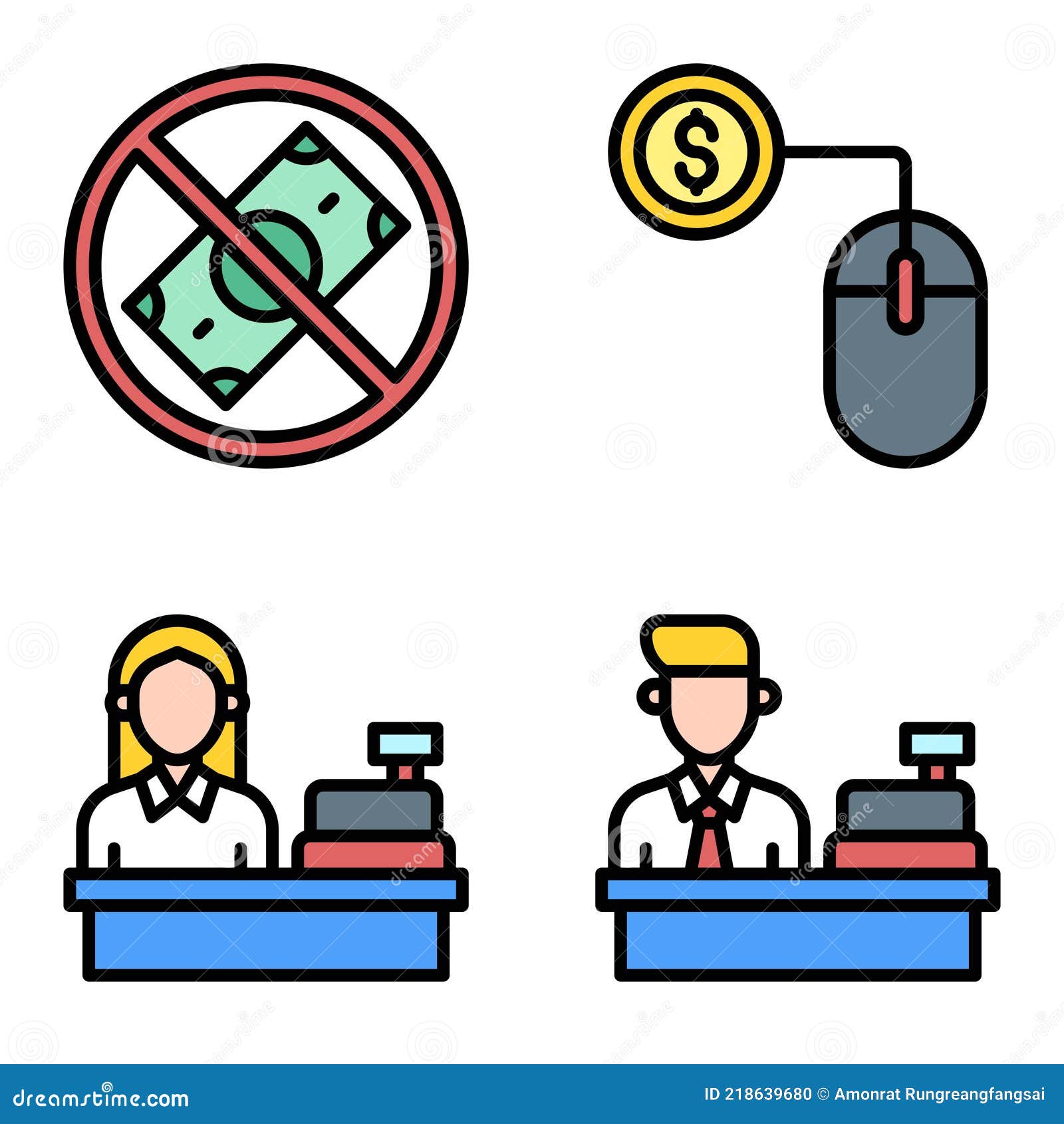 Cashier and Digital Payment Icon Set Payment Related Vector Stock ...