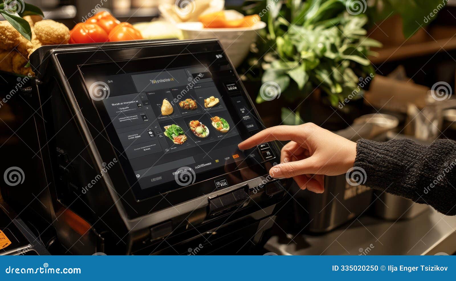 Cashier Hand Using Touchscreen POS Terminal with Display Showing Menu ...