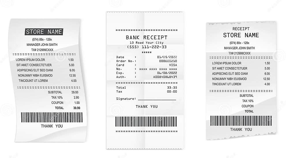 Set of Realistic Cash Register Sales Receipt Printed White Paper or ...