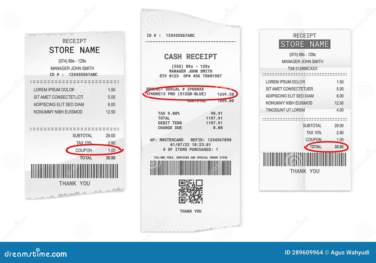 Set of Realistic Cash Register Sales Receipt Printed White Paper or ...