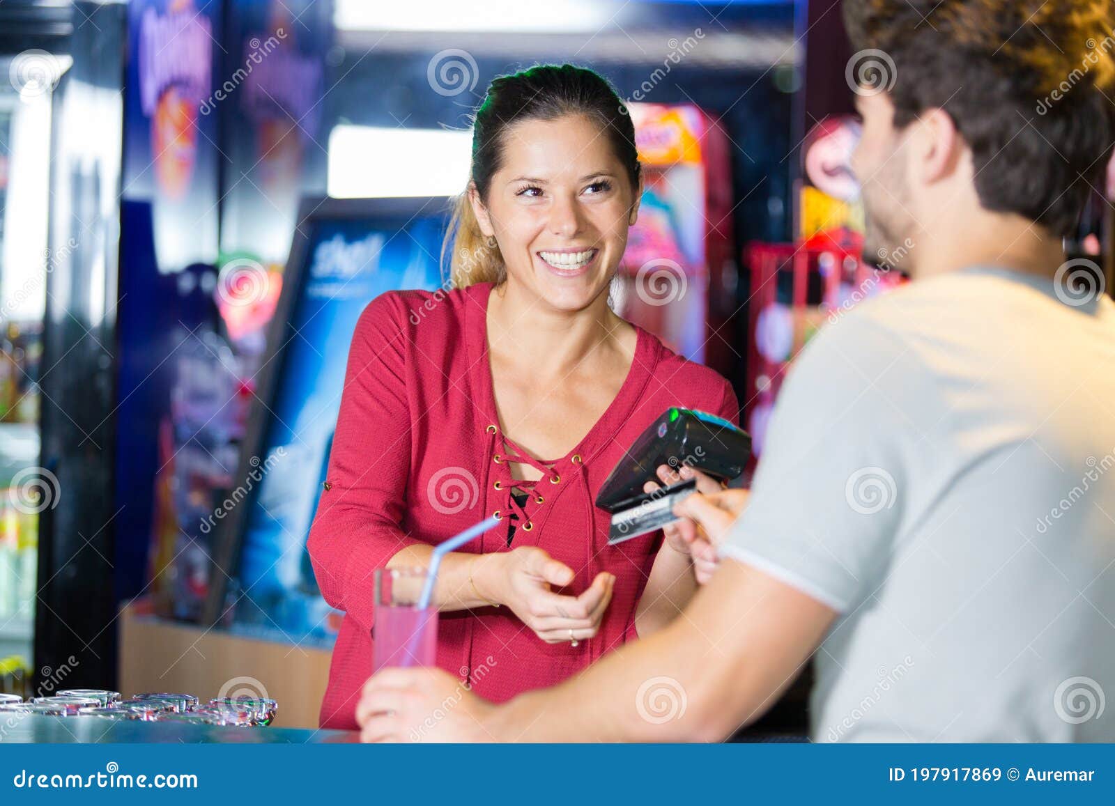 Cashier Using Credit Card Reader To Accept Payment Stock Image - Image ...