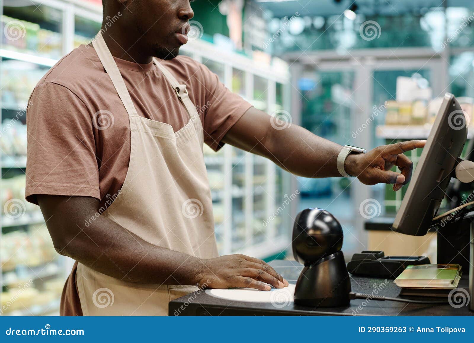 Cashier Working on Computer in Supermarket Stock Image - Image of ...