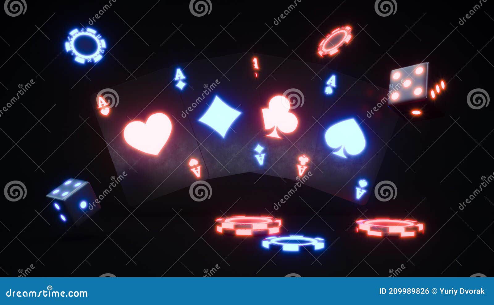 Casino Chips and Cards. Neon Chips Falling 3d Rendering Stock ...